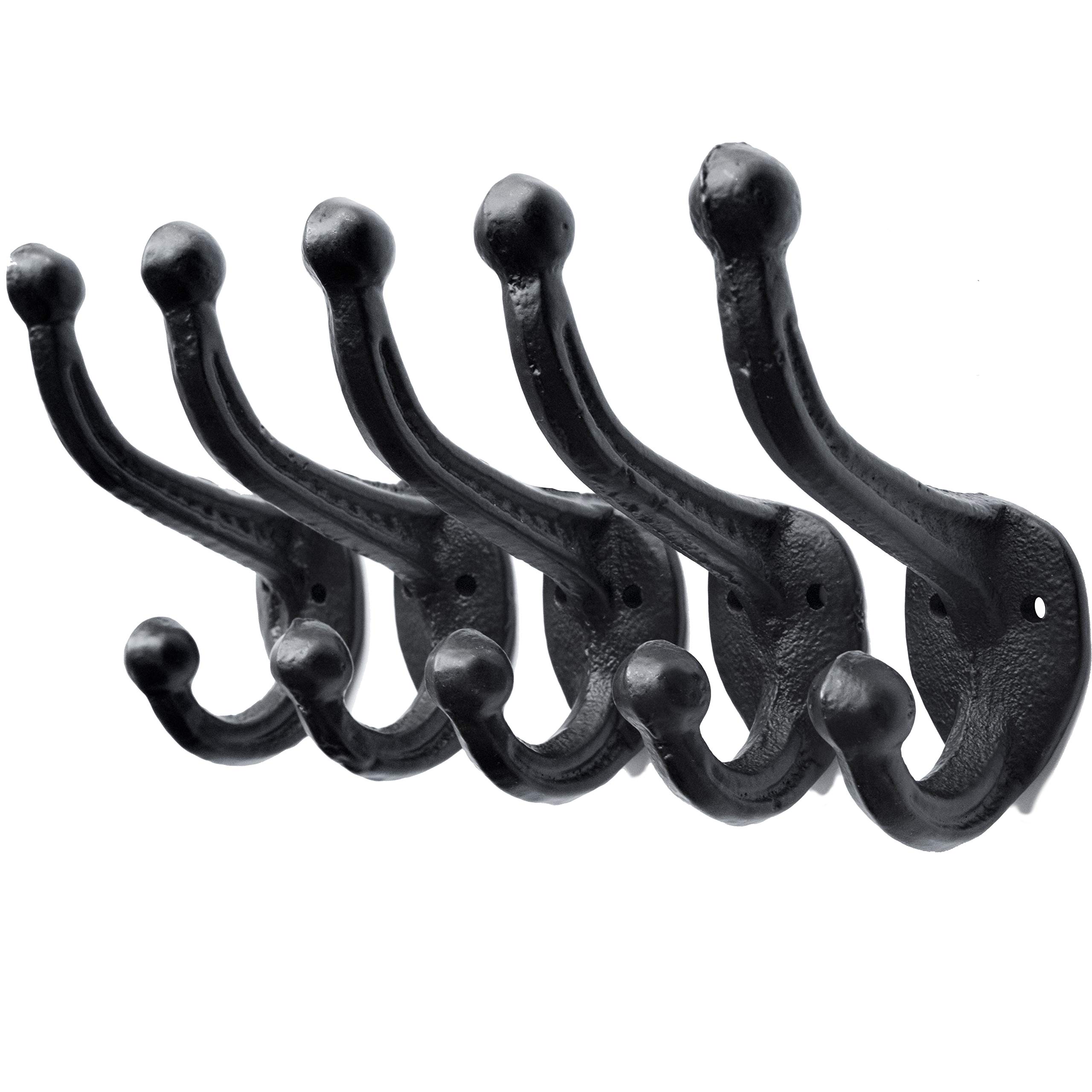 Rustic Hooks, Matte Black Cast Iron Wall Hooks (Set of 5), Modern Farmhouse Decor, Matching Screws Included - Easy to Install. Sturdy and Heavy Coat Hooks Hardware, Decorative Hooks, Farmhouse Hooks