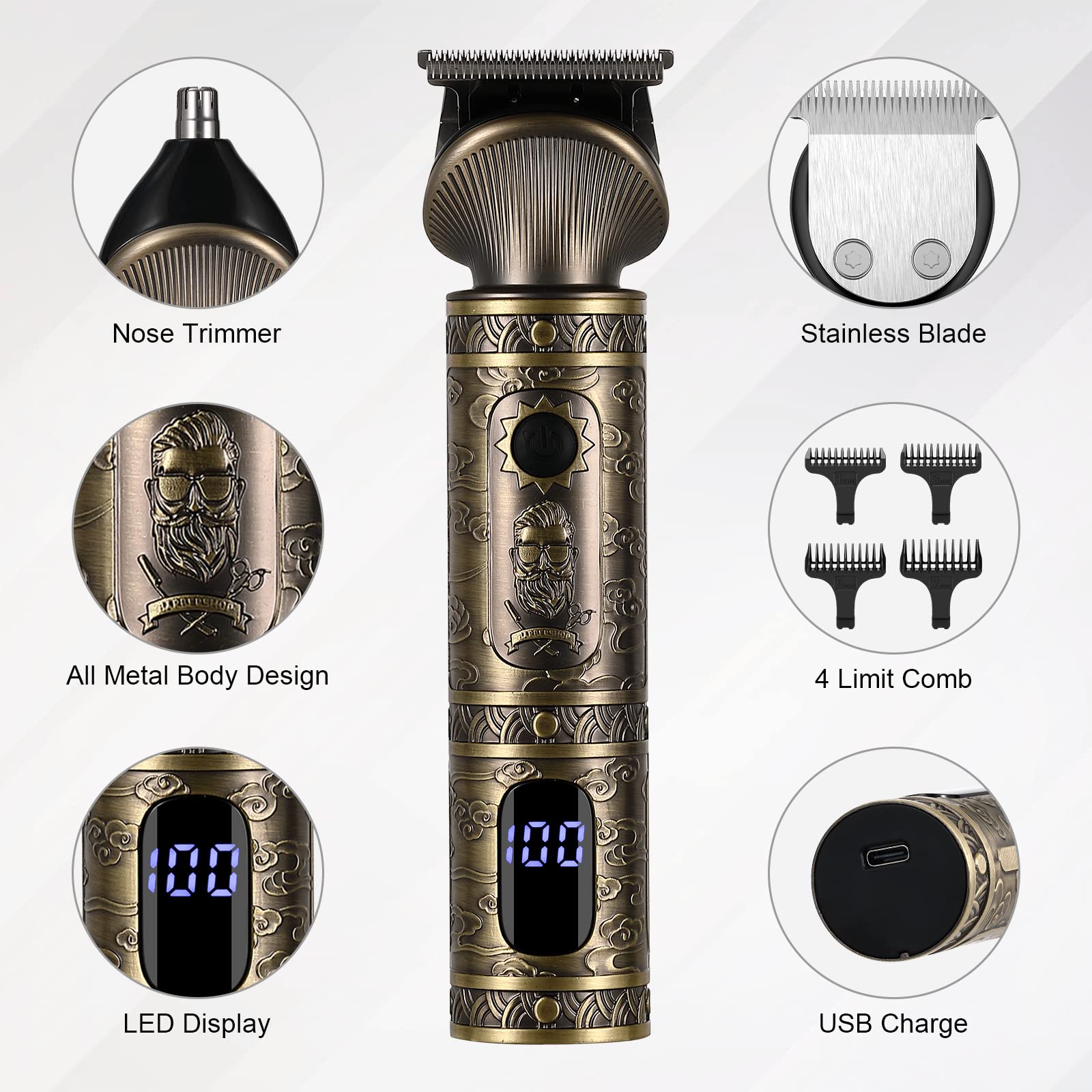 Hatteker Hair Clipper for Men Professional Zero Gapped Hair Beard Trimmer Grooming Kit Nose Trimmer T-Blade Hair Cut Clipper Set for Men