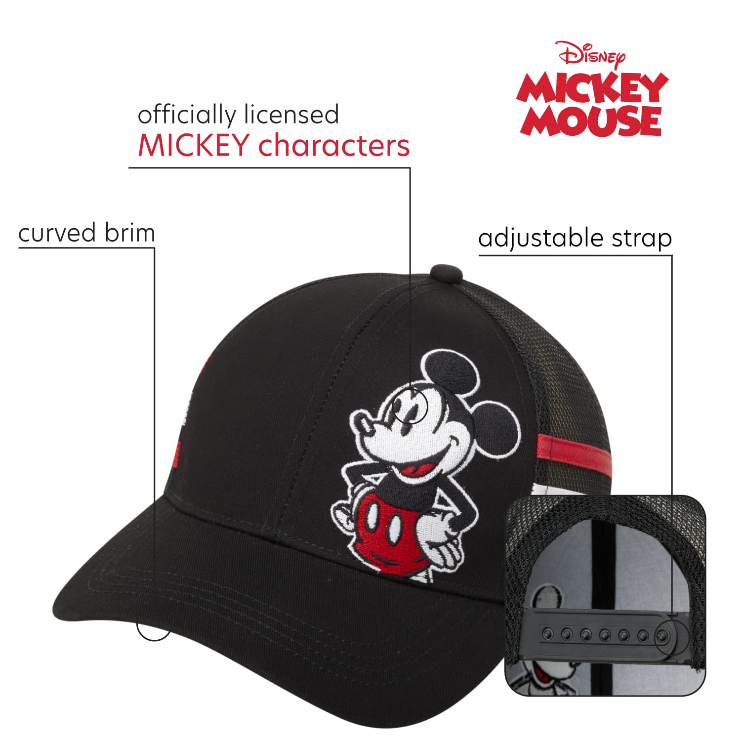 Disney Men’s Mickey Mouse Hat – Snap-Back Baseball Cap, Dad Hat, Size One Size, Mickey Stripes
