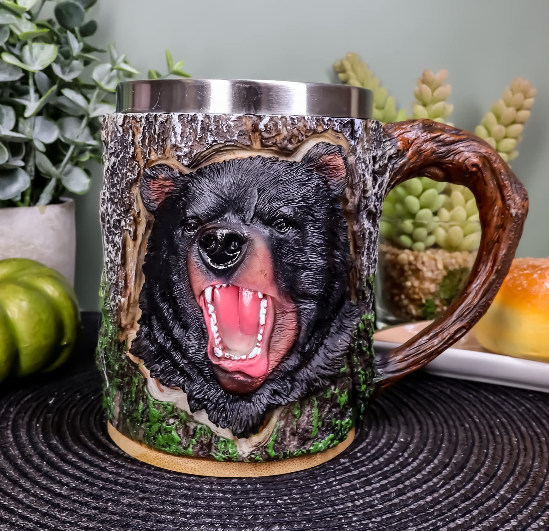 Ebros Gift Nature Wildlife Roaring Black Bear Mug With Rustic Tree Bark Design 12oz Drink Beer Stein Tankard Coffee Cup