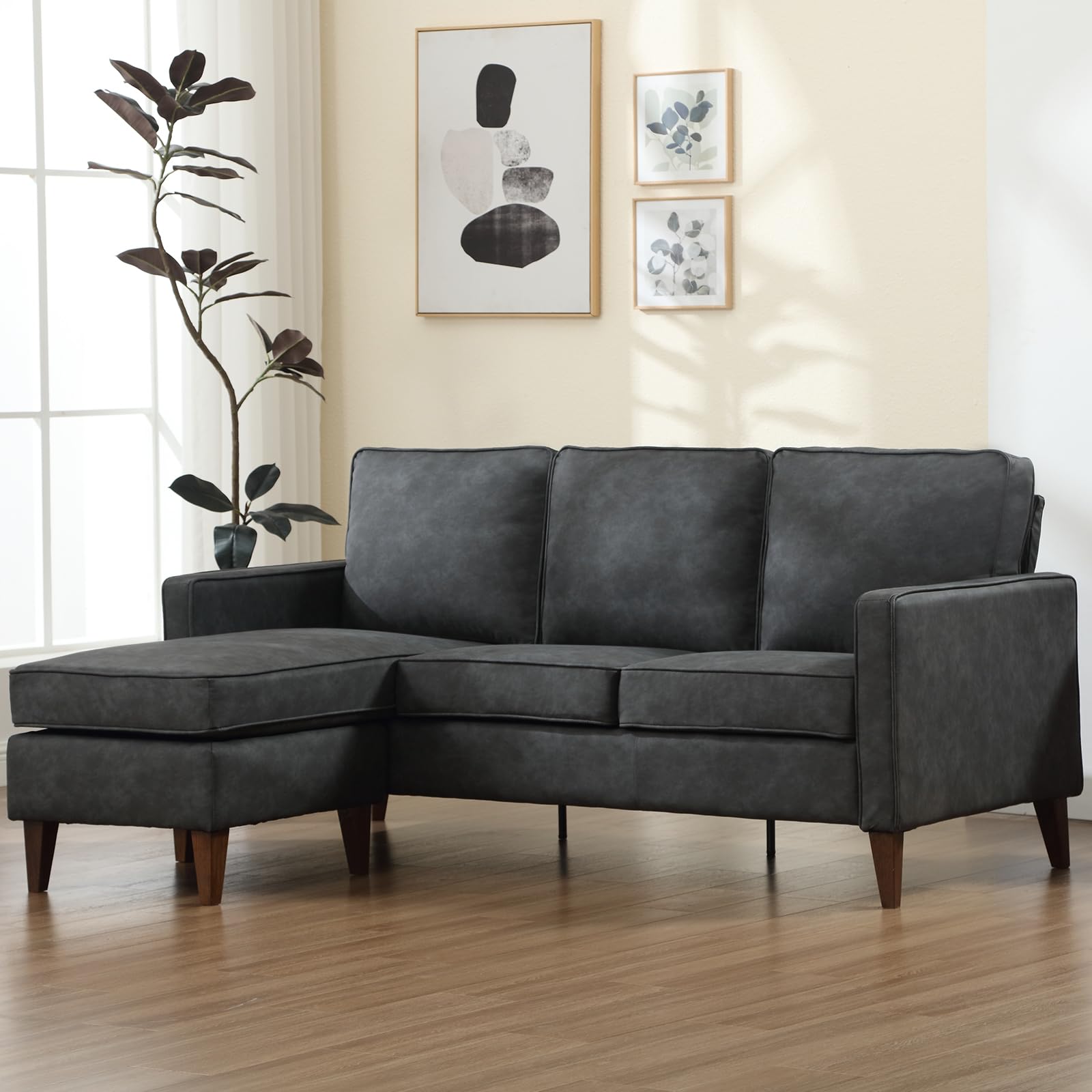 HAOMARKETS Sectional Couches for Living Room, L Shaped Couch with Solid Wood Feet, Faux Leather 3 Seats Sofa with Reversible Chaise for Apartment Small Spaces, Brown