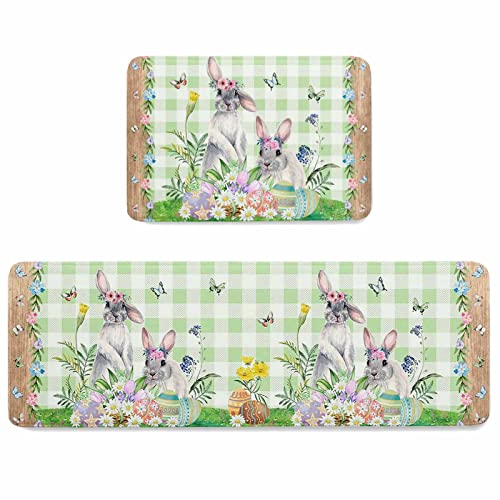 Greday Plaid Green 2 PCS Cushioned Anti-Fatigue Kitchen Mats and Rugs,Spring Holiday Colored Eggs Easter Egg Bunny Daisy Floral Absorbent 18inchx 30inch+ 18inchx 48inch