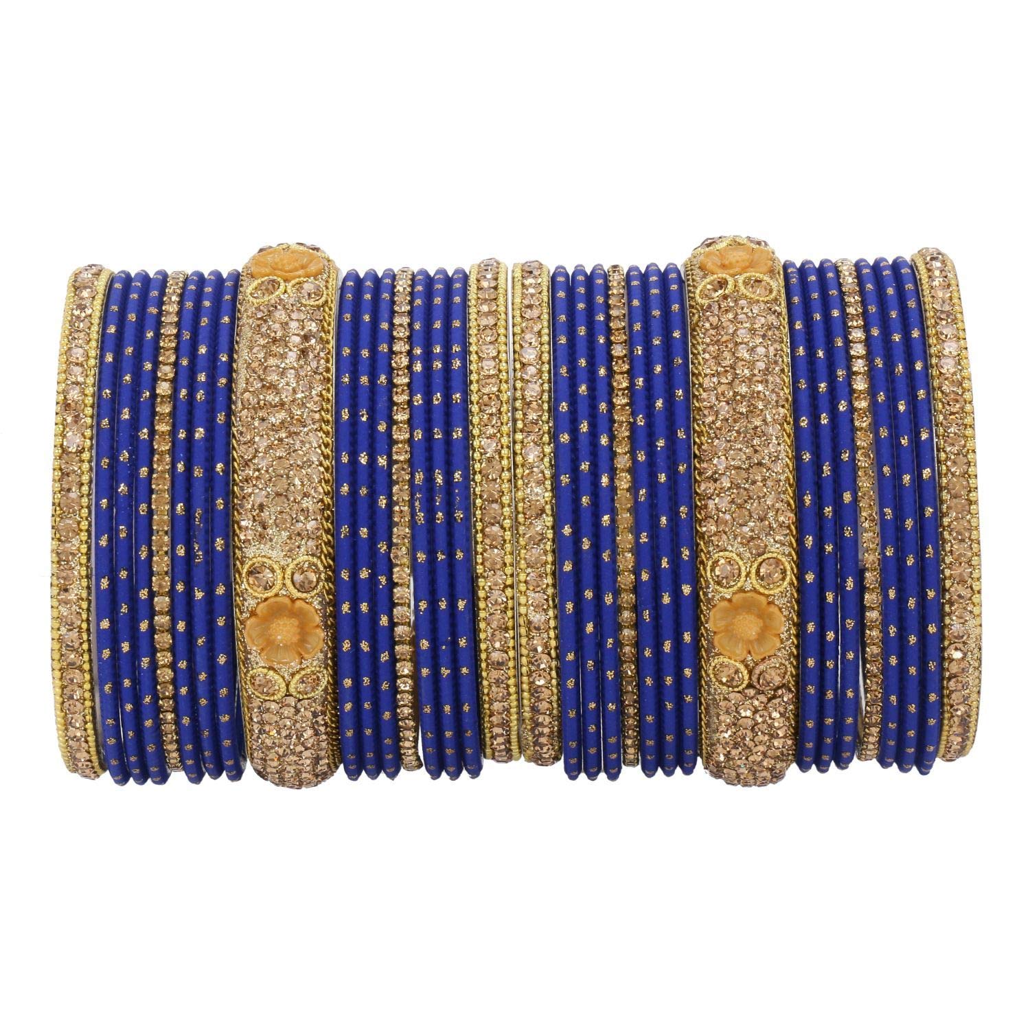 Efulgenz Indian Bangles for Women Indian Bangle Set Rhinestone CZ Crystal Wedding Bridal Metal Bangle Bracelets Jewelry (Royal Blue, 2-6)