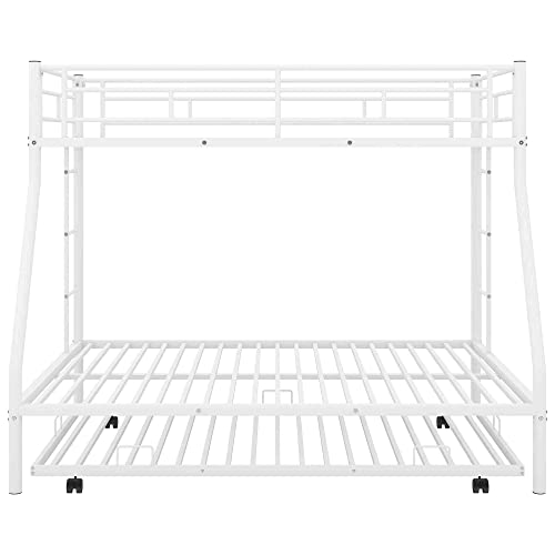 Tulib Twin Over Full Metal Bunk Bed with Sturdy Steel Frame, Bunkbed with Twin Size Trundle, Two-Side Ladders, No Spring Box Required, White