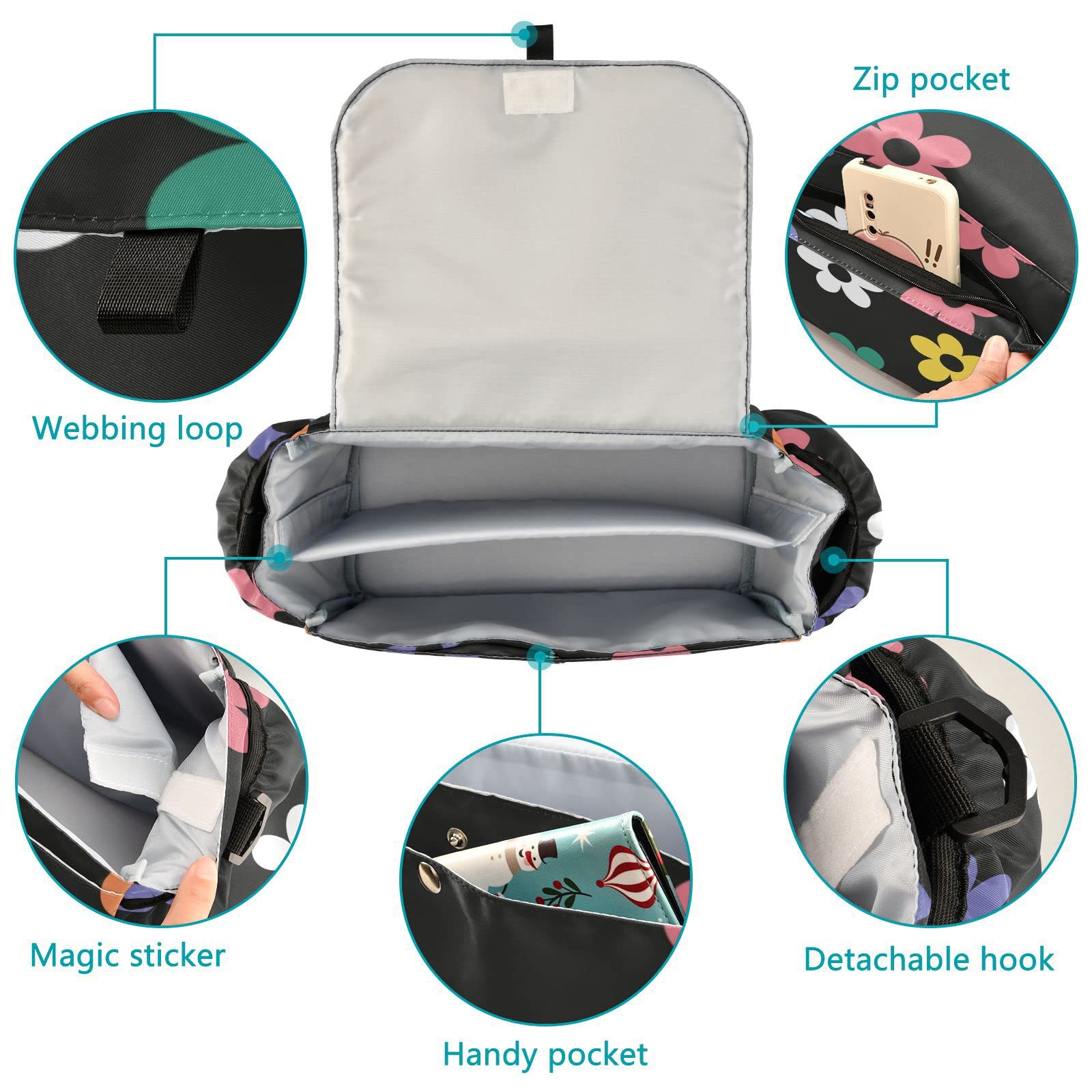 Kigai Colorful Flowers Baby Stroller Organizer with Cup Holders, Secure Hooks Accessories Adjustable Strap Stroller Bag for Bottle, Diaper, Phone, Toys, Baby Items