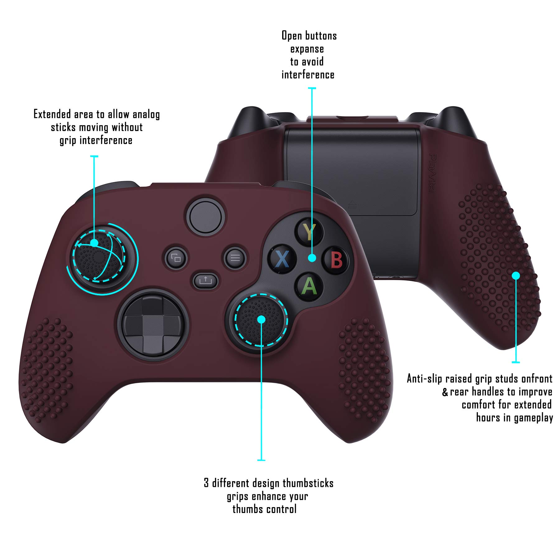 eXtremeRate PlayVital Wine Red 3D Studded Edition Anti-Slip Silicone Cover Skin for Xbox Series X/S Controller, Soft Rubber Case Protector for Xbox Core Wireless Controller with Thumb Grip Caps