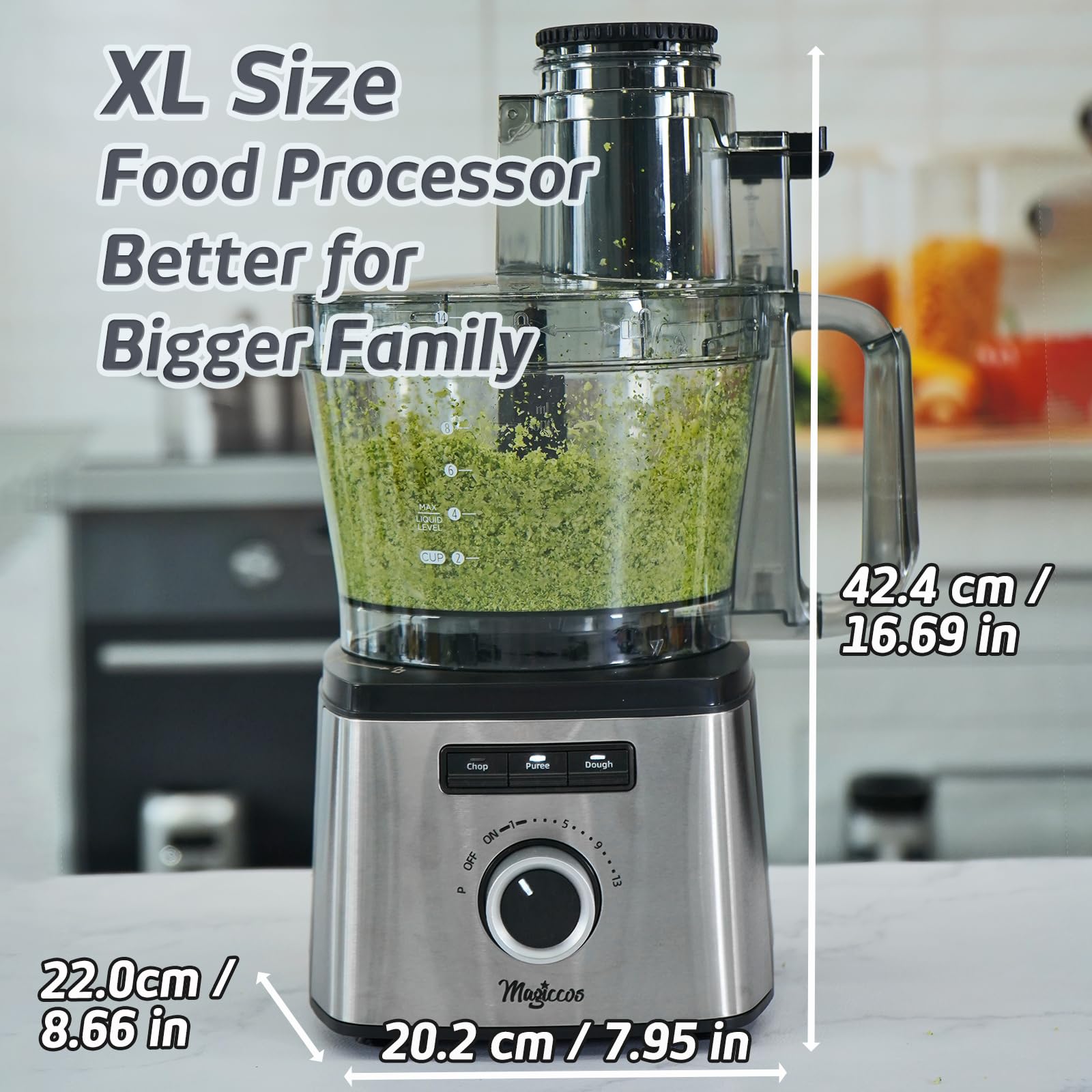 Magiccos 14-Cup Lemon Slicer Food-Processor - Large Feed Chute, 13 Speeds & Pulse, 3 Programs,Cheese Shredding, Cutting Fries, Meat Chopping, Shredding and Slicing, Mixing and Doughing, for Home Use