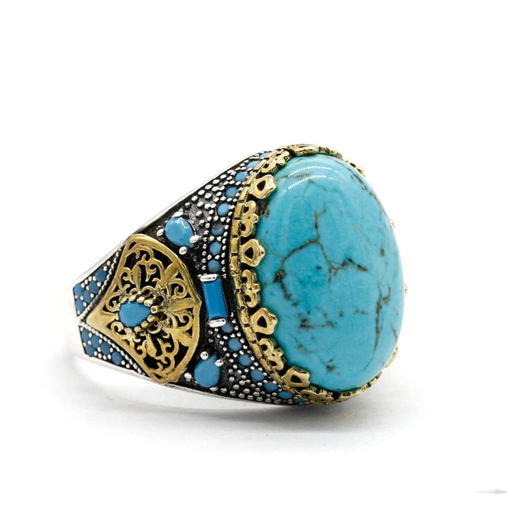 Dinuo Natural Turquoise Stone Ring 925 Sterling Silver Ring Unique Design Turkish Handmade Authentic Ring with Gemstone