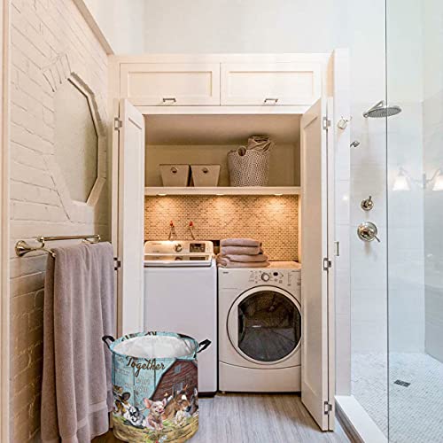 Laundry Basket Rural Life with Pig Cow Donkey Cat Rabbit,Waterproof Collapsible Clothes Hamper Farm Animals Retro Barn Door,Large Storage Bag for Bedroom Bathroom 13.8x17In