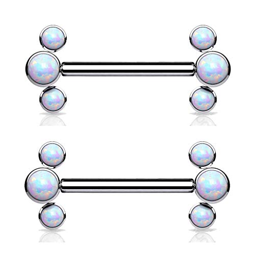 Dynamique Implant Grade Titanium Nipple Barbells With Internally Threaded 3-Round Opal Bezel Set Ends (Sold Per Pair Or Per Piece)