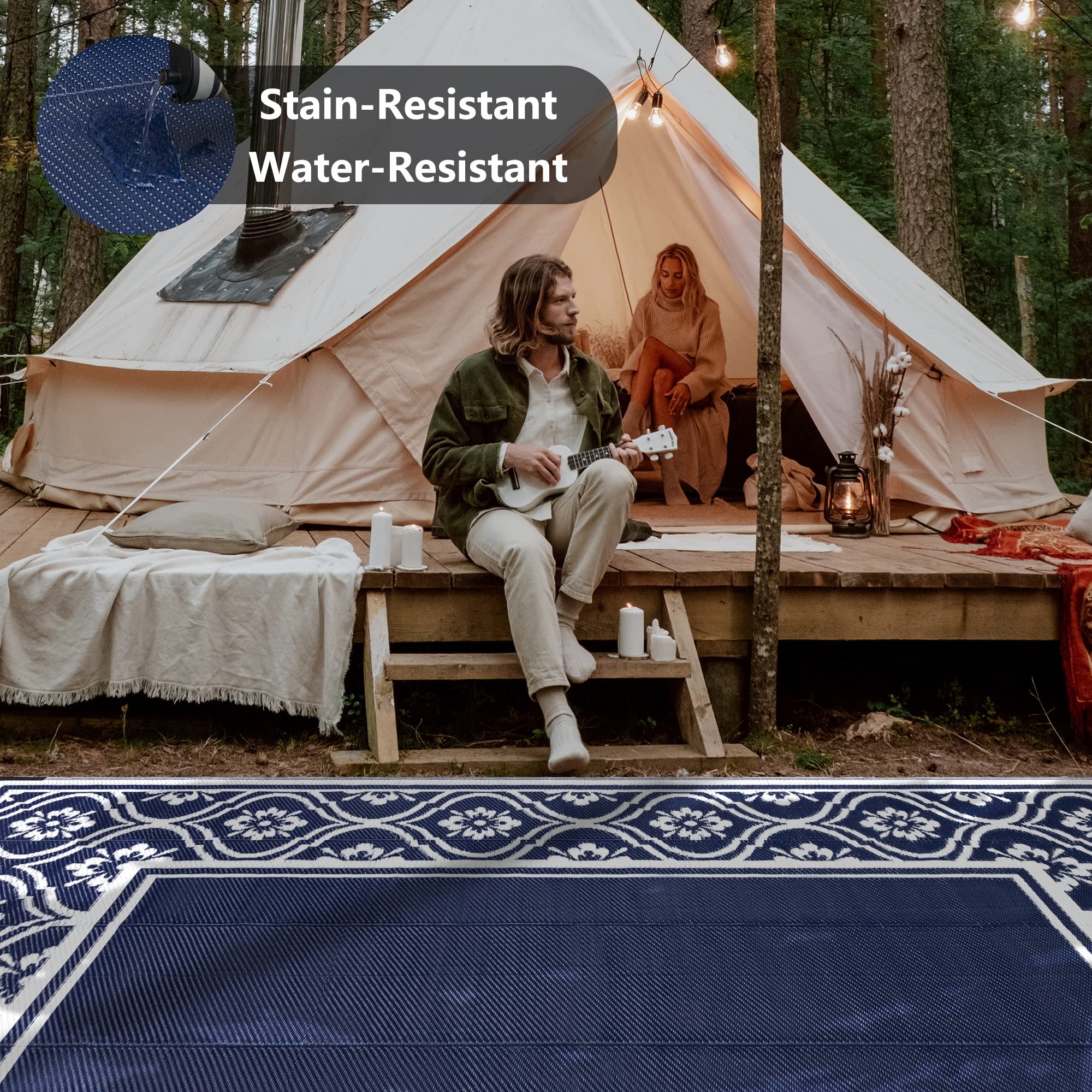HUGEAR RV Outdoor Rug Waterproof Mat Outdoor Rugs 9'x12' for Patios Clearance Carpet Outdoor Camping Rugs Large Plastic Straw Rug (9x12ft Lantern Navy Blue&White)