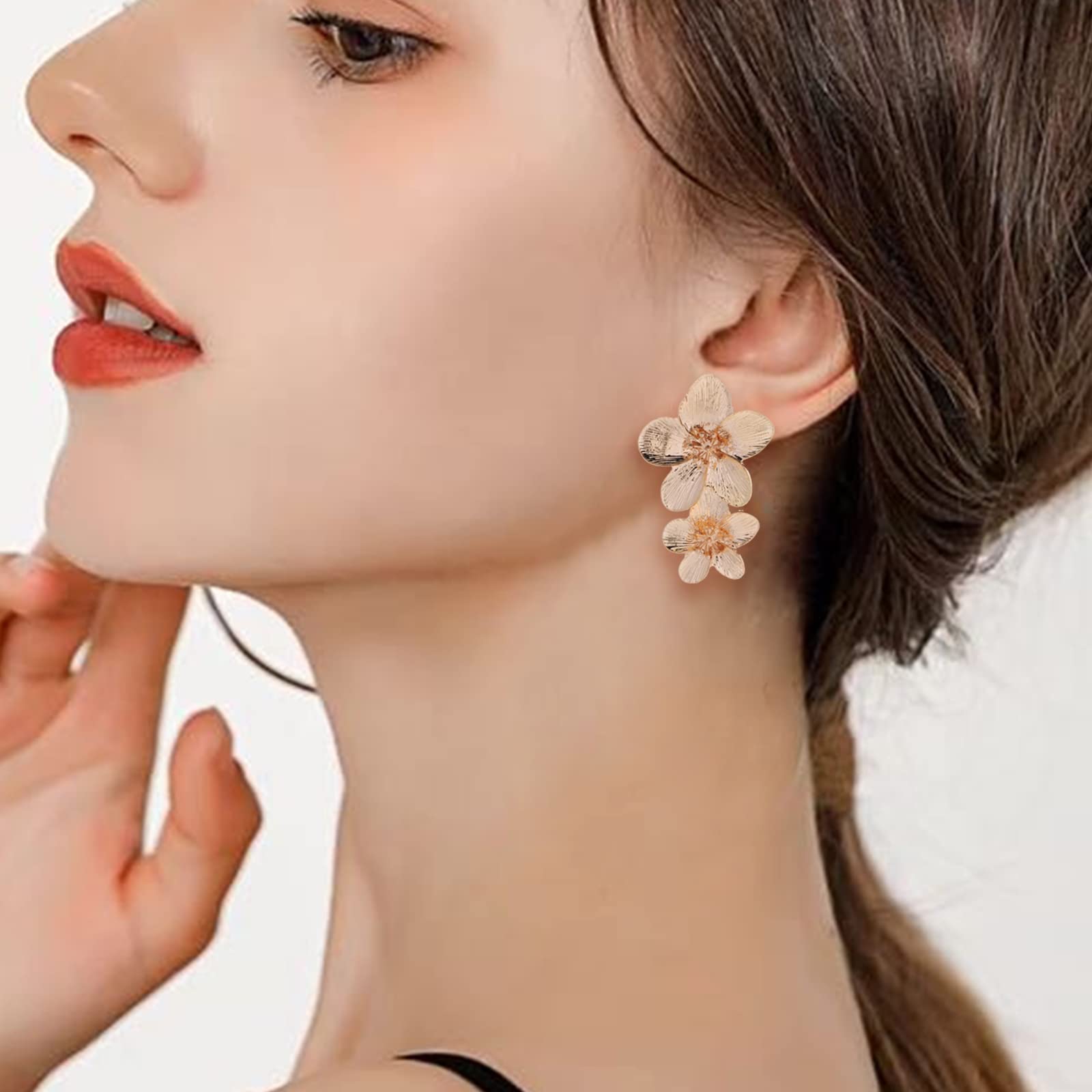 Double Flower Earrings, Gold Dangle Earrings for Women, Flower Statement Earrings for Wedding Party Jewelry