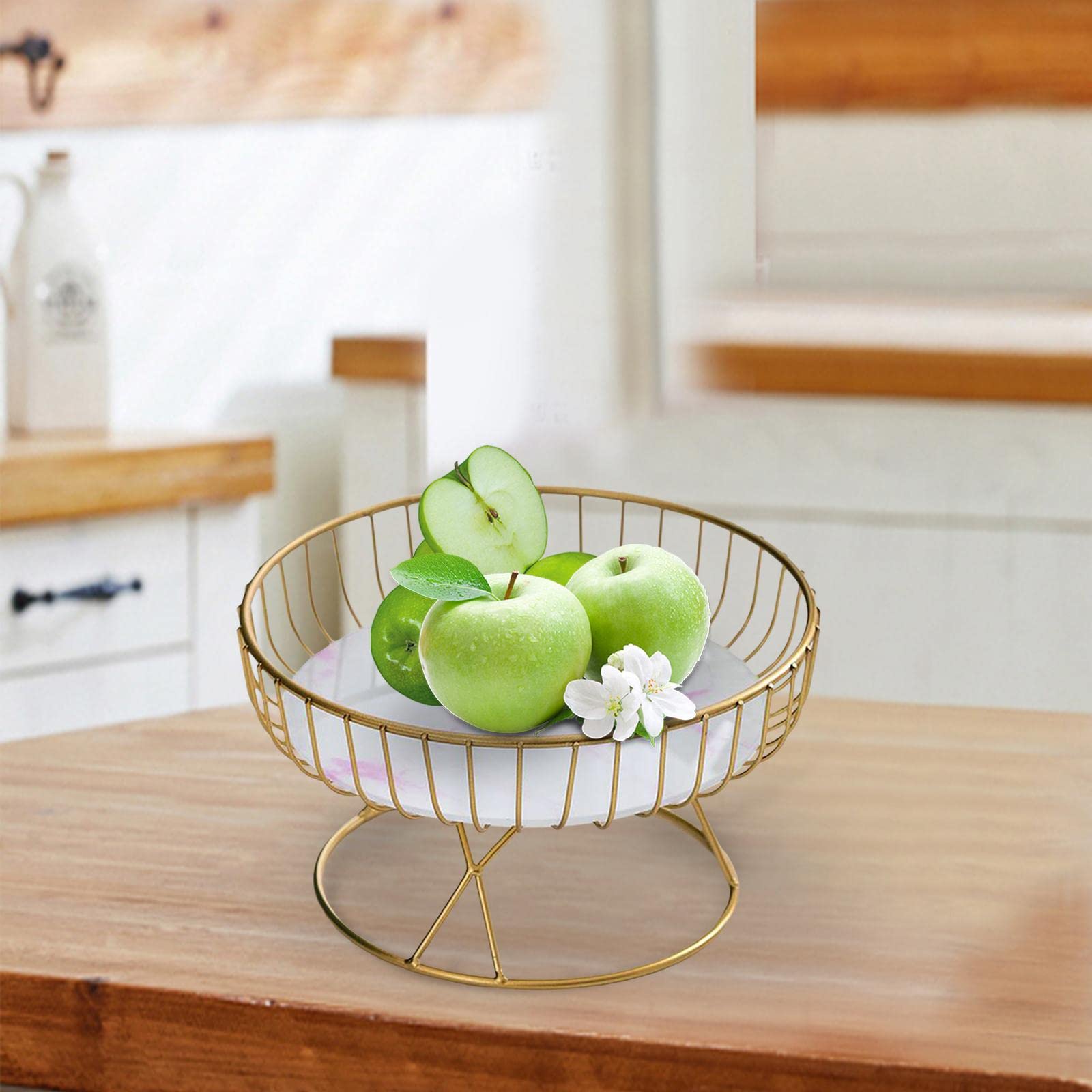 Gralara Metal Wire Fruit Basket, Fruit Holder, Modern Stylish Round Container, Sturdy Fruit Bowl for Kitchen Counter, Outdoor Parties, Living Room, White Pink