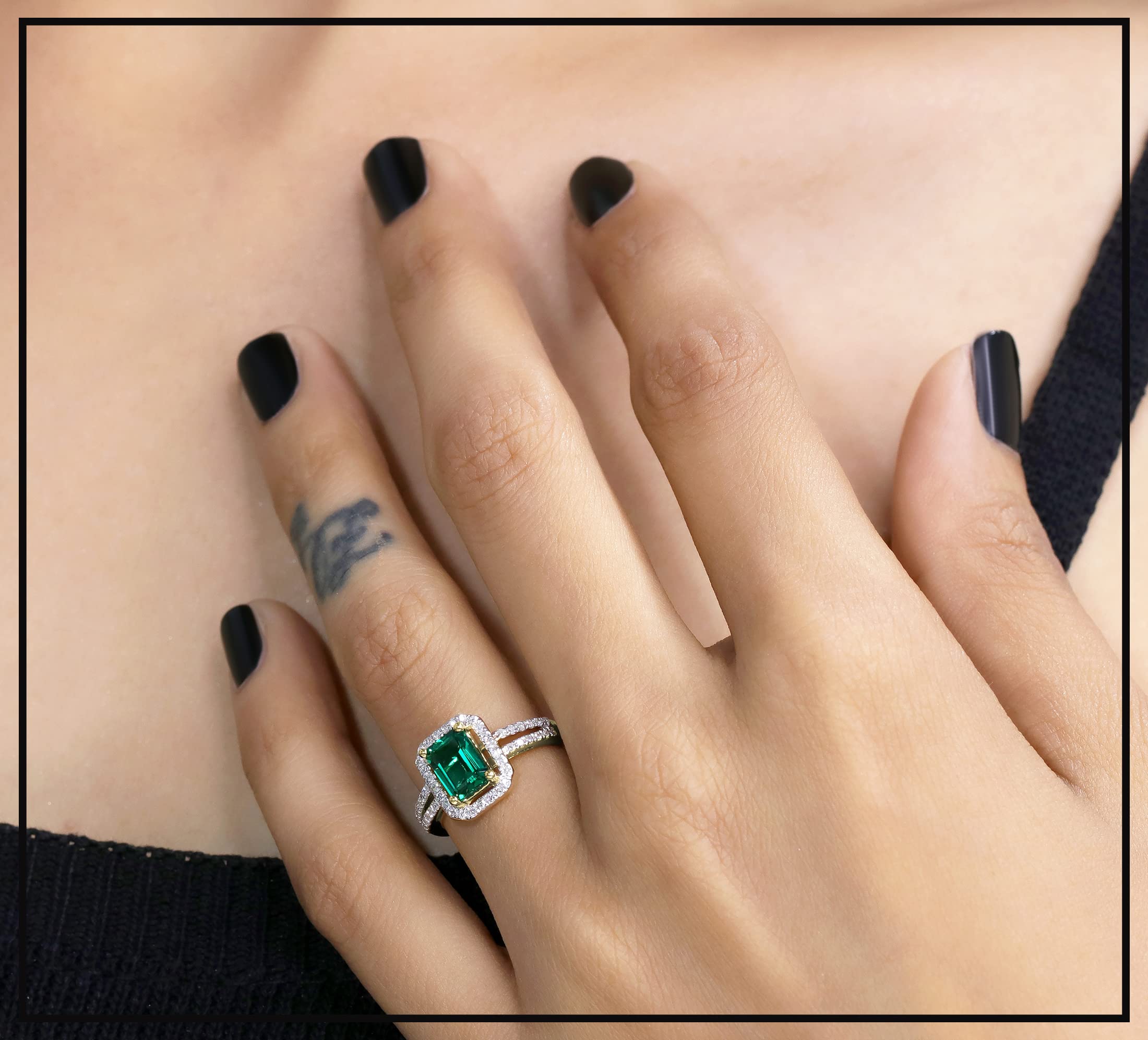 Dazzlingrock Collection 14K 7X5 MM Emerald Shape Created Emerald & Round Diamond Women Ring, Yellow Gold, Size 10