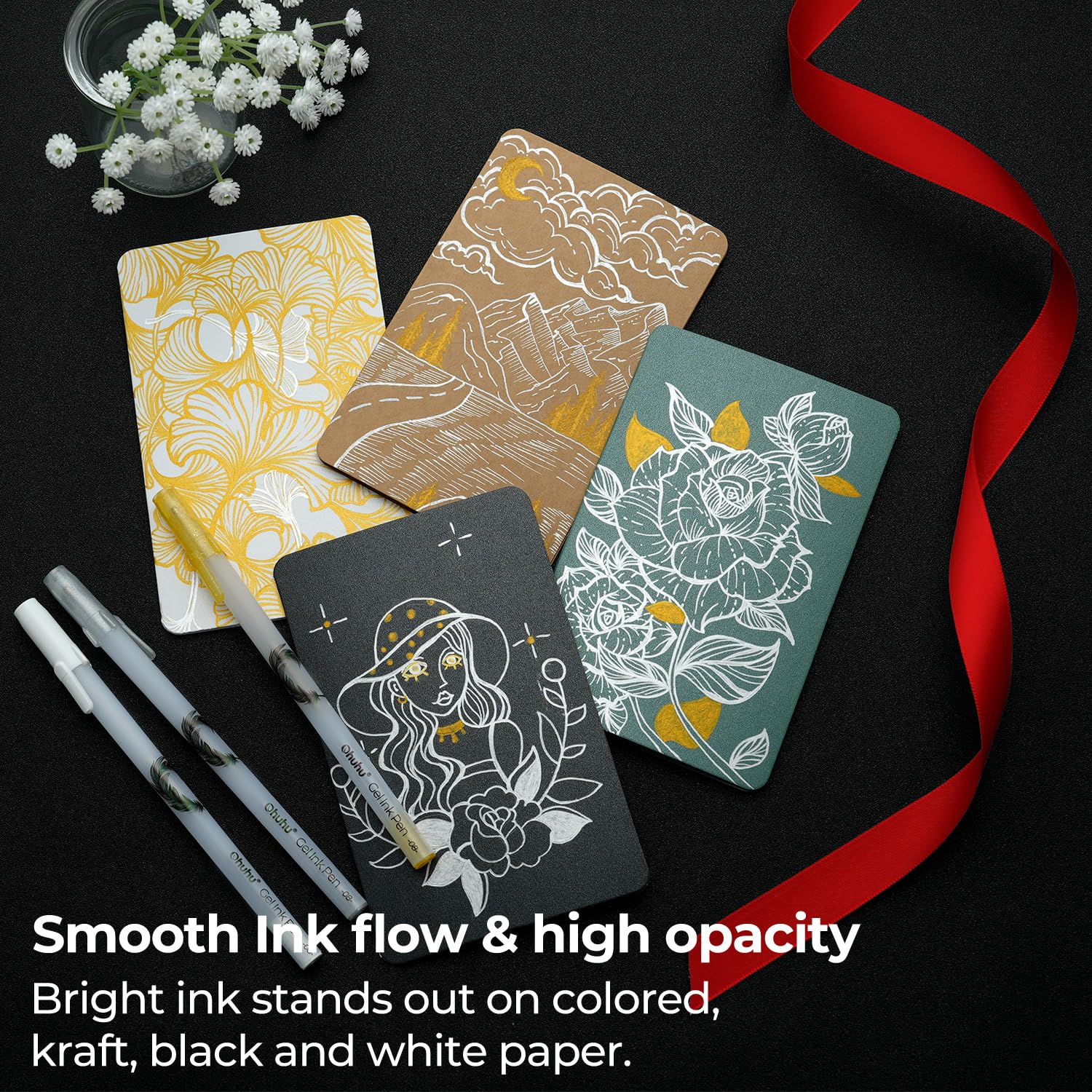 Ohuhu Gel Ink Pens: 12 Pack Extra Fine Point Pens Opaque Gel Ink Pens Smooth White Ink Pens for Highlight Black Paper Art Drawing Scrapbook Bullet Journal - Leahi (White, Gold & Silver Ink Pen)