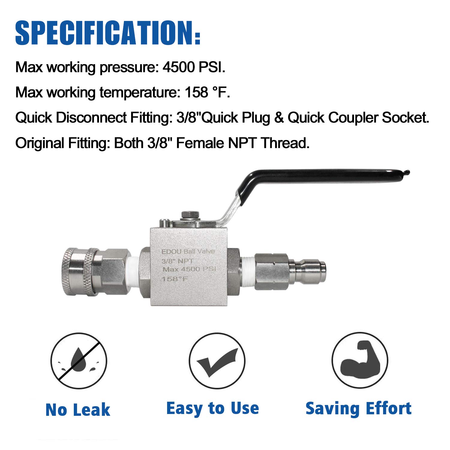 EDOU DIRECT Ball Valve for High Pressure Washer Hose Kit | 3/8" Male Plug X 3/8" Female Quick Connect | 4,500 PSI Max Working Pressure | Includes replacement Quick Connect and Teflon Tape