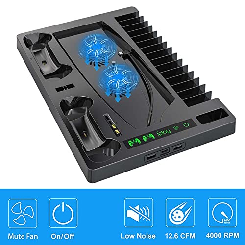 GOTRUTH Vertical Stand for PS5 with 2 Charging Station, 2 Cooling Fan with 15 Game Storage, 1 Pulse 3D Headset Holder, 1 Media Remote Storage