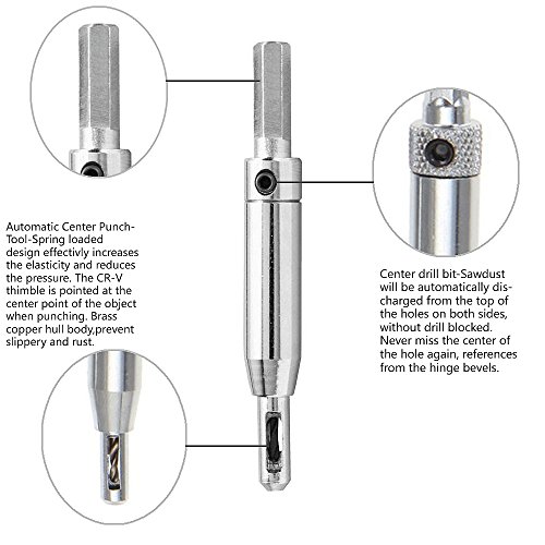 HIFROM Door Drill Bit Set with Automatic Center Punch,Doors Self Centering Hinge Tapper Core Drill Bit Set,Hole Puncher Woodworking Tools 5/64" 7/64" 9/64" 11/64" 13/64" 5mm 1/4"