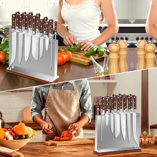 Magnetic Knife Holder Stand Block: Double Sided Magnetic Knife Holder Without Knifes Stainless Steel Knife Display Storage Rack for Kitchen Counter with Strong Enhanced Magnet and Wood Base - Silver