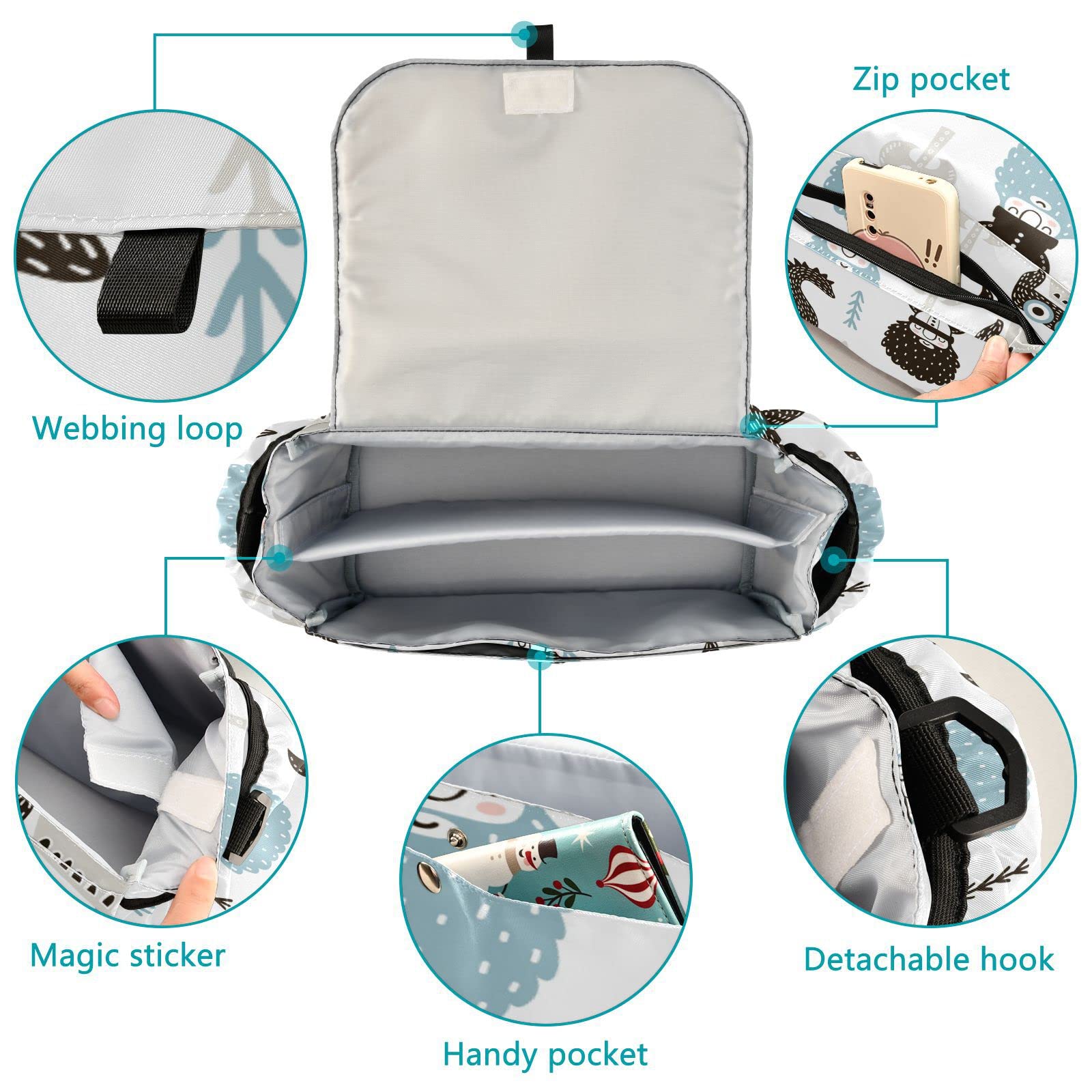 Kigai Viking Boat White Baby Stroller Organizer with Cup Holders, Secure Hooks Accessories Adjustable Strap Stroller Bag for Bottle, Diaper, Phone, Toys, Baby Items
