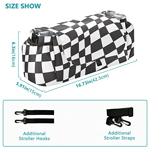 Kigai Y2k Curvy Chessboard Baby Stroller Organizer with Cup Holders, Secure Hooks Accessories Adjustable Strap Stroller Bag for Bottle, Diaper, Phone, Toys, Baby Items