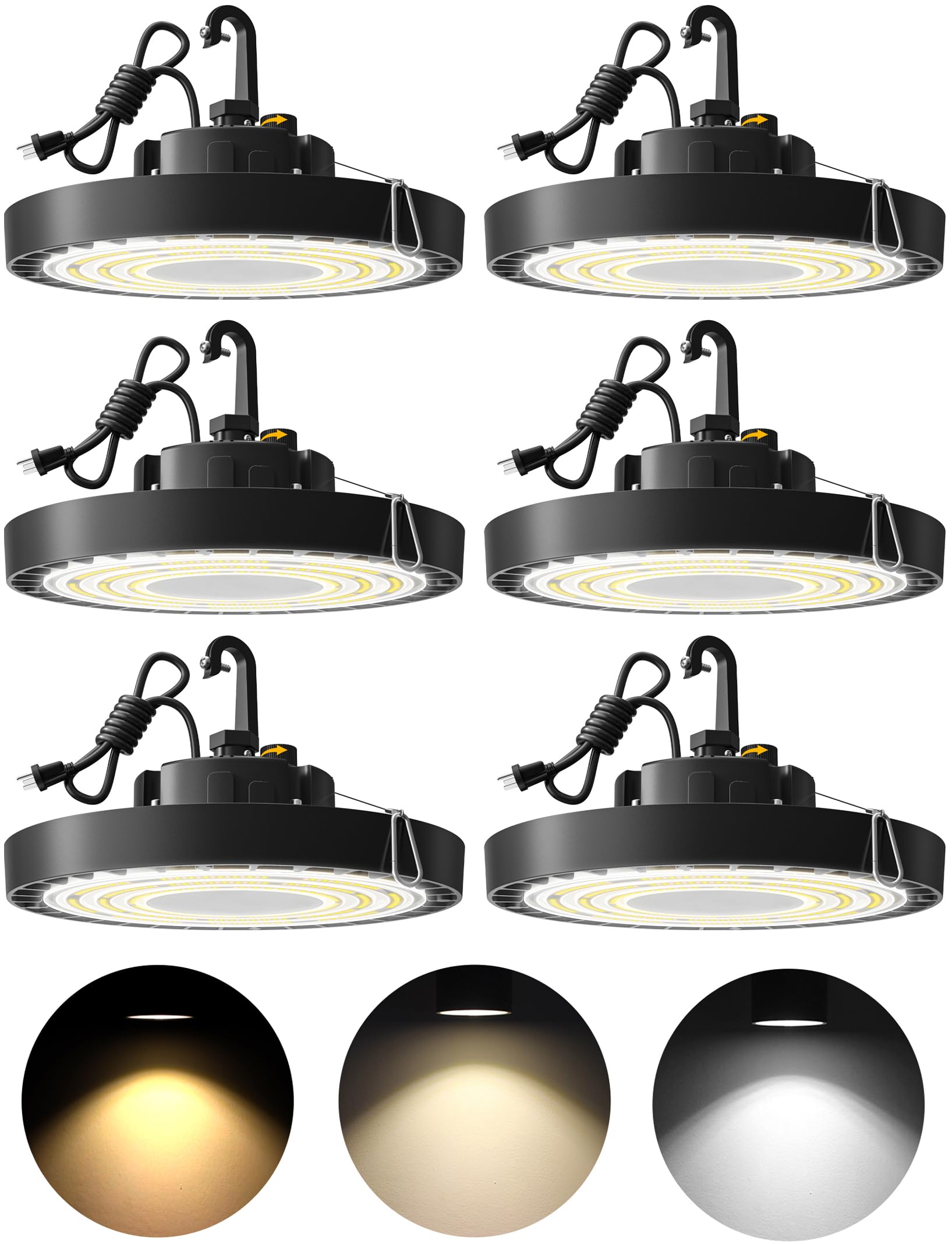 VANoopee 6 Pack 200W High Bay LED Lights 3000K 4000K 5000K Bright UFO LED High Bay Light Commercial Bay Lighting for Warehouse Workshop Barn Garage - 5' Cable with Plug, IP65 28000lm(800W MH/HPS Eqv.)