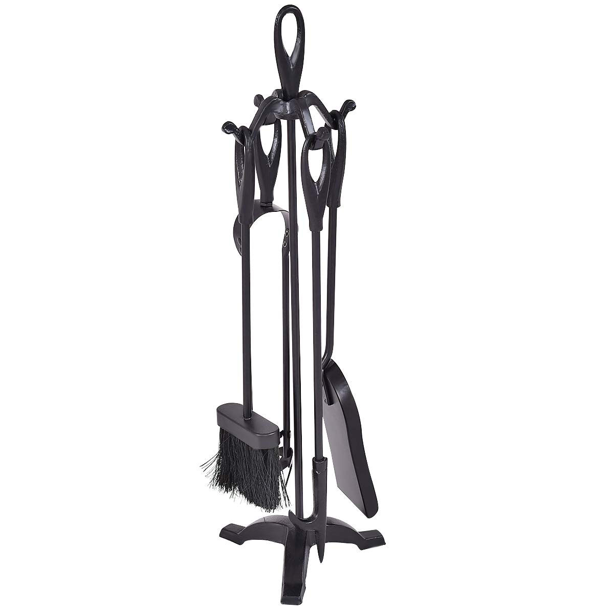 Tangkula Fireplace Set 5 Piece Rustic Heavy Duty Compact Wrought Iron Fire Place Tool Set with Pedestal Place, Hearth Tool, 25.5"