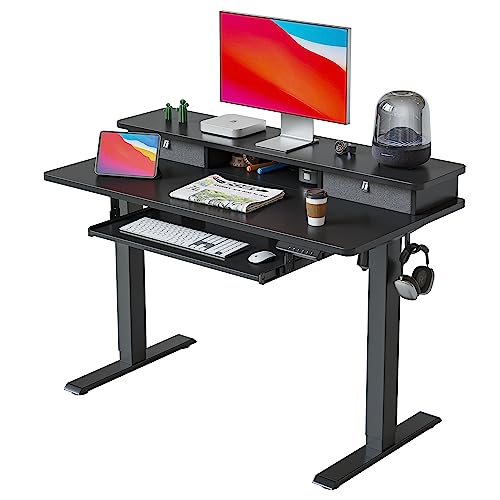 FEZIBO 55 x 24 Inch Dual Motor Height Adjustable Electric Standing Desk with Keyboard Tray, Sit Stand Table with Splice Board, Black Frame/Black and Rustic Brown Top