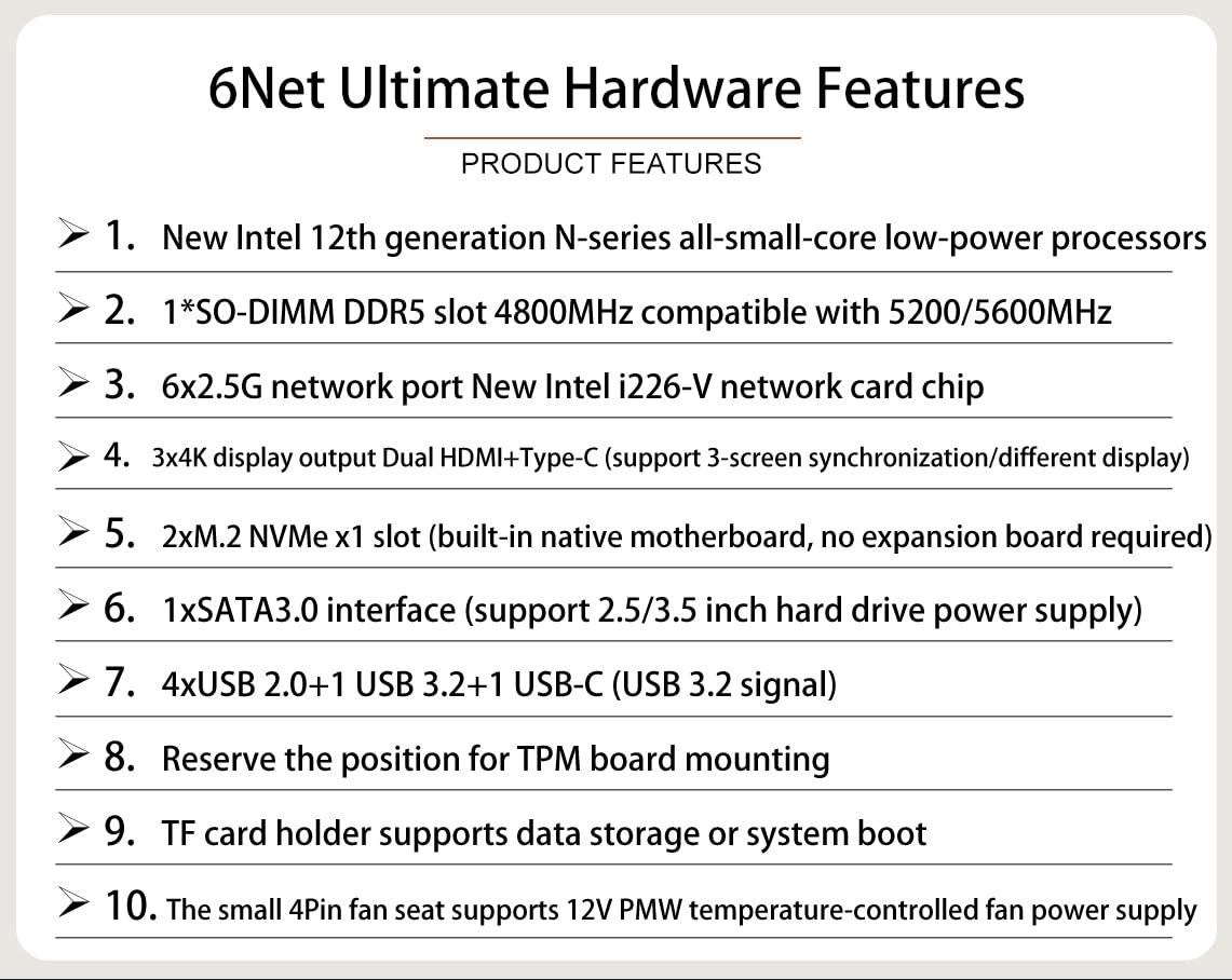 CWWK Fanless Mini PC Intel N Series-N100(4C/4T up to 3.4GHz) Low Power Processor, DDR5, 6x2.5GbE Intel I226V, 4K Display Outputs,M.2 NVMe, SATA3.0, 5 USB Ports, Firewall Router (N100-6L Barebone)