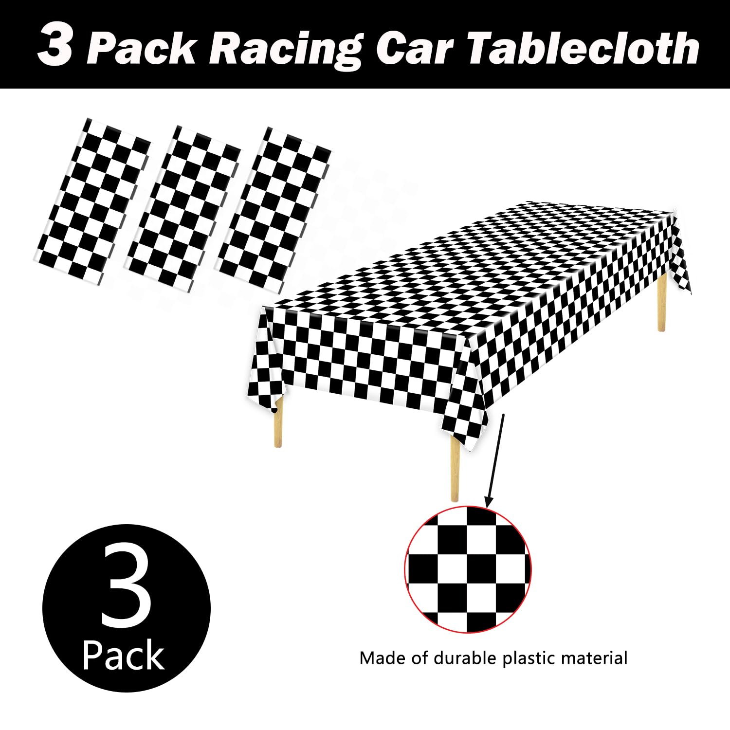 Oigco 3 Pack Black and White Checkered Tablecloths Race Car Theme Party Tablecloths for Motor Racing Birthday Party Decorations Racing Party Favours Supplies, 54" x 108"