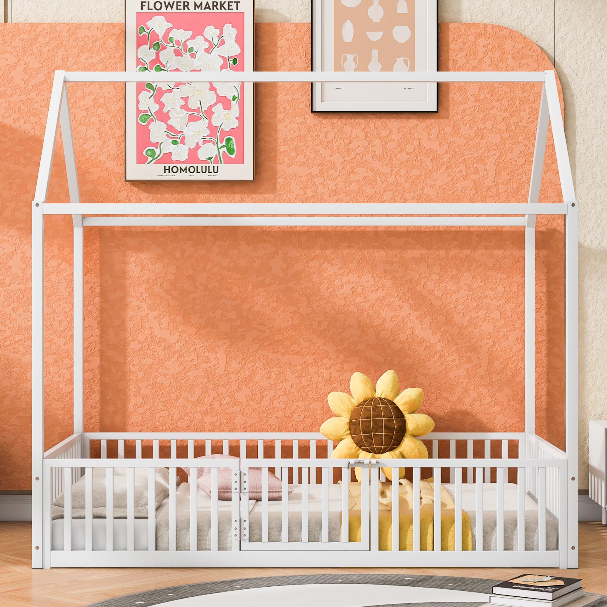 Merax Twin Size Montessori Floor Bed, Metal House Bed Frame with Roof for Kids, Teens, Girls, and Boys, No Box Spring Needed, White