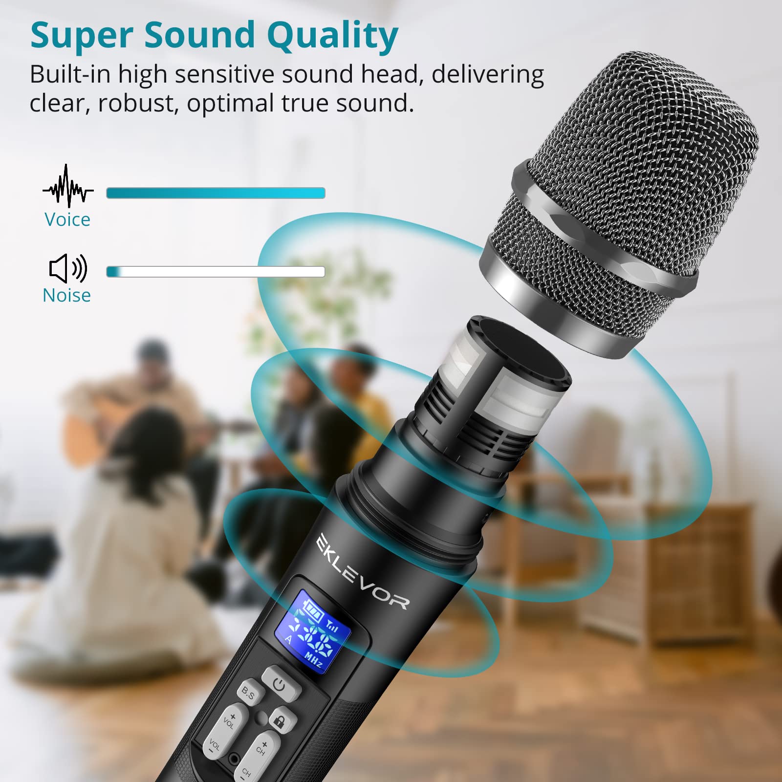 EKLEVOR Wireless Microphone, Portable UHF Handheld Karaoke Dynamic Microphone System with Rechargeable Receiver,160ft Range 2X25 Channels Karaoke Mics Set for Singing, Wedding, Speech, AMP