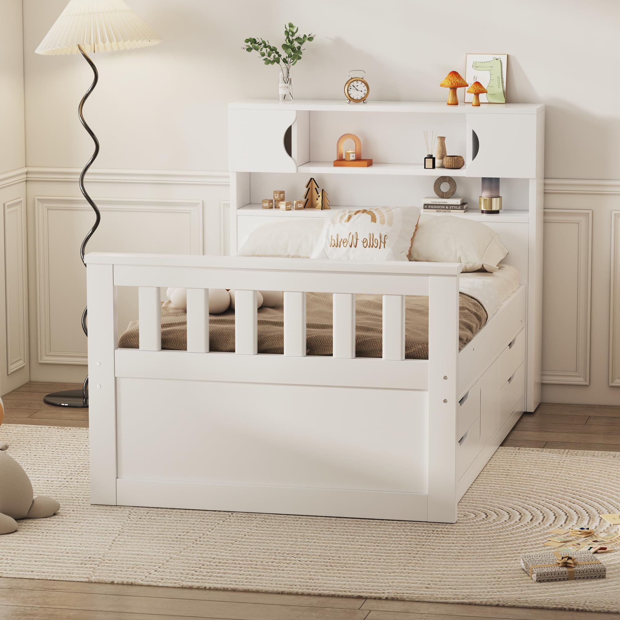Merax Twin Size Bed Frames with Bookcase Headboard,Kids Wooden Platform Bed with 4 Drawers,White Captain Platform Bed with Storage Underneath