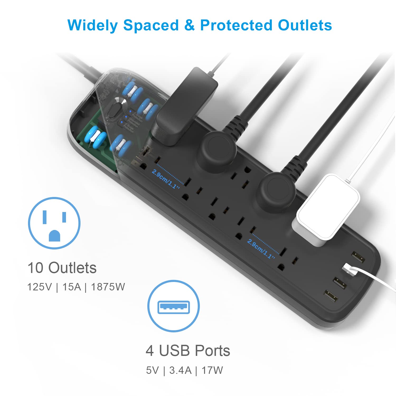 High Joules Power Strip Surge Protector (2x4000J), TROND 6 ft Extension Cord Black Safe Power Strip with Dual Surge Protection 10 Outlets 4 USB Charger, Flat Plug Power Strip for Christmas Lights
