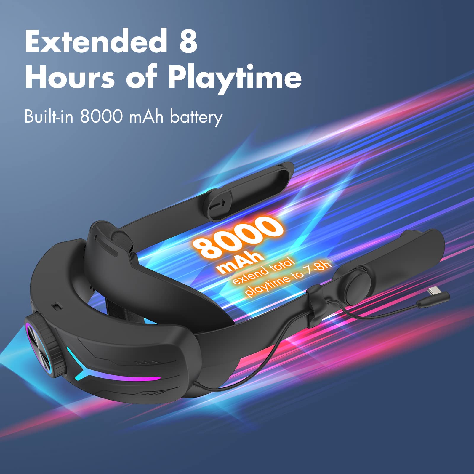 Gina Head Strap with 8000mAh Battery Pack for Meta/Oculus Quest 2, Adjustable Elite Strap Replacement for Enhanced Support, Fast Charging, Lightweight Comfort Design for VR Headset Accessories(Black)