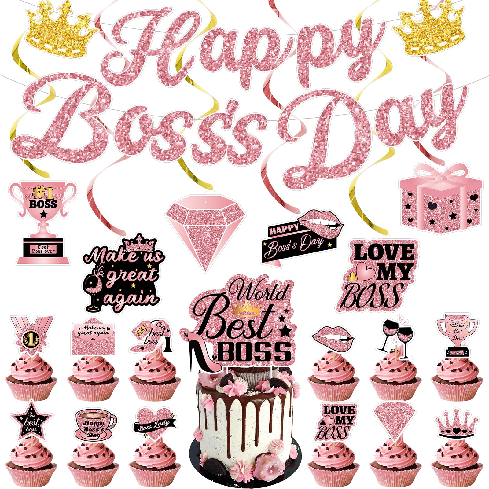 Happy Boss’s Day Party Decorations Supplies - Women Boss Day Banner Boss Day Hanging Swirls Boss's Party cake topper for Lady Boss Day Party Supplies