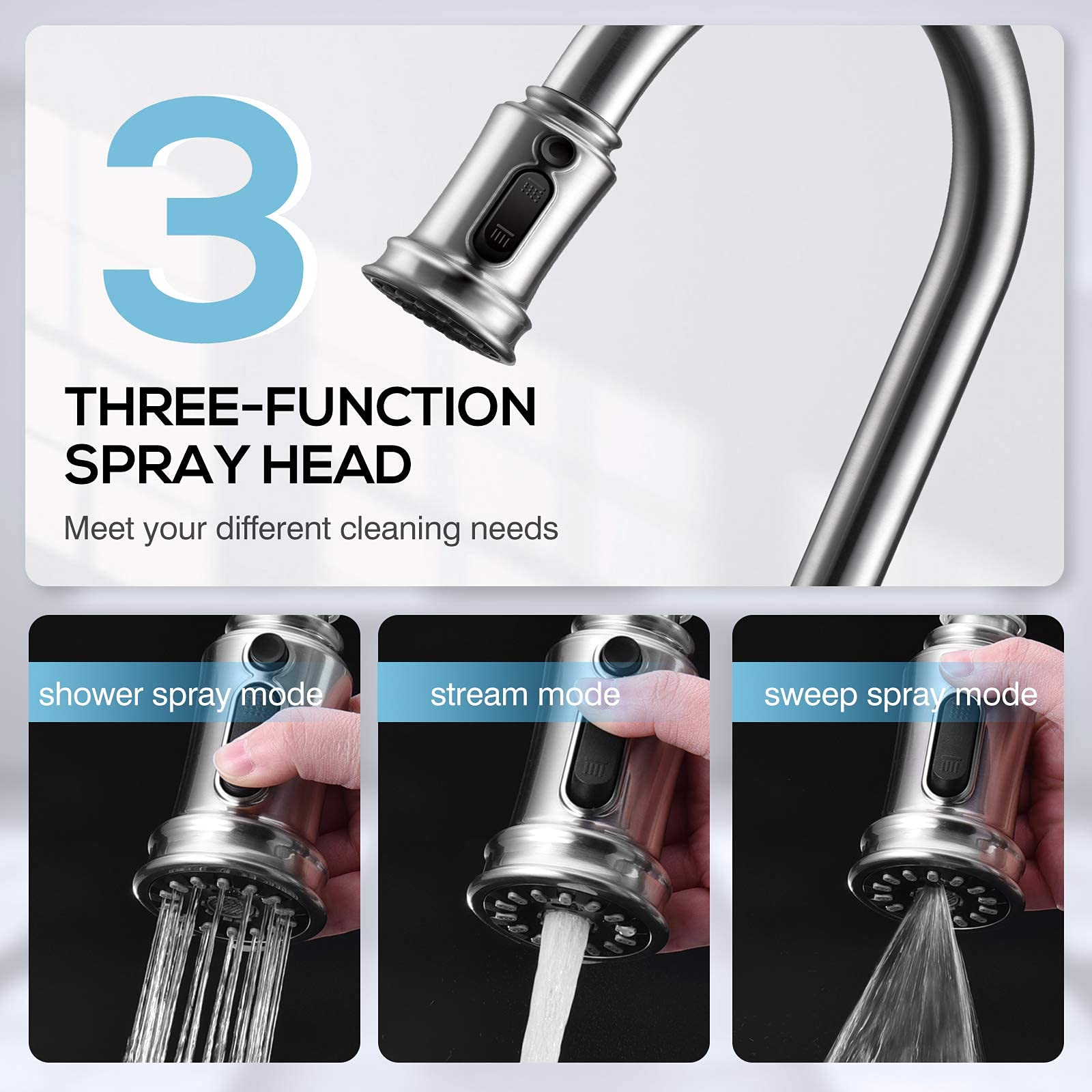 Kitchen Faucet with Pull Down Sprayer Brushed Nickel - WaterSong Kitchen Sink Faucet Single Handle 1Hole with Deck Plate, Farmhouse Kitchen Sink Faucet for Kitchen Sink RV, 3 Spray Mode,100% Lead-free