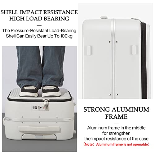 Mixi Carry On Luggage, 20'' Suitcases with Spinner Wheels, Rolling Travel Suitcase with Front Laptop Pocket Luggage Aluminum Frame PC Hardside with TSA Lock and Cover, Smoke White