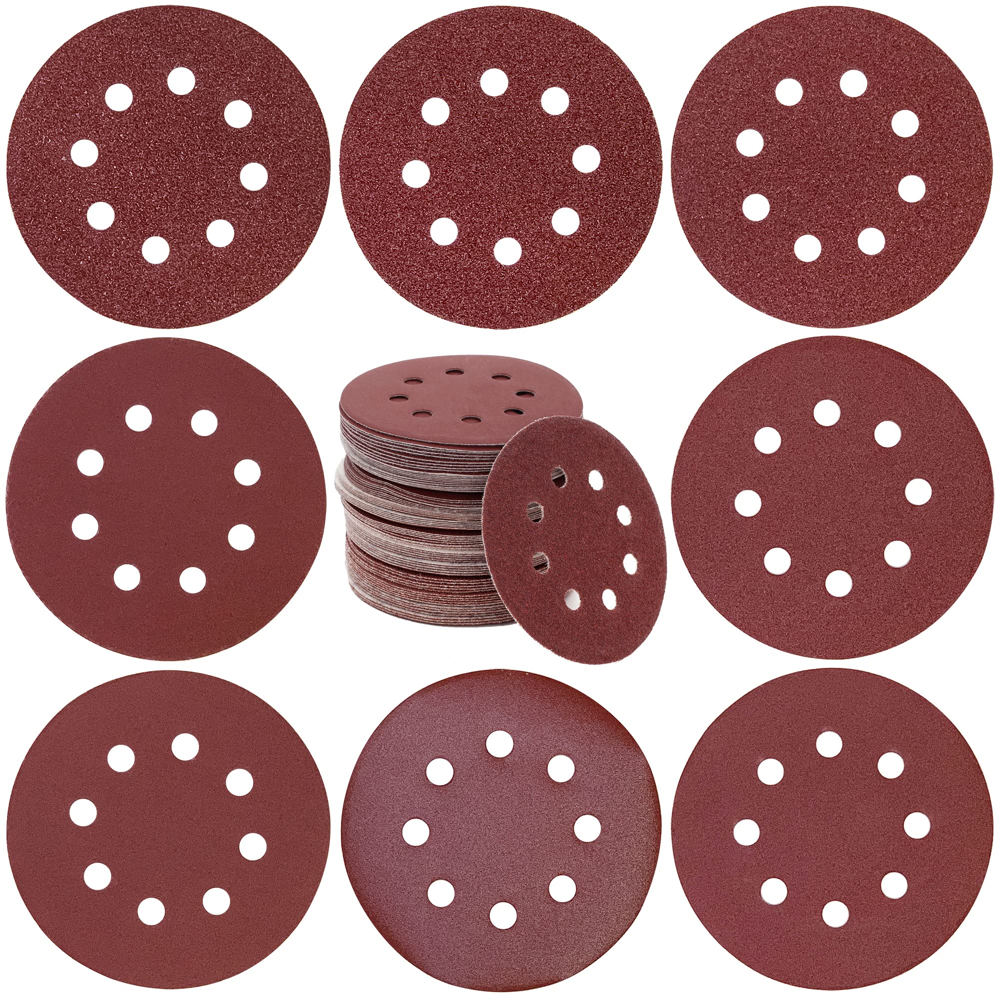 HIHANG Sandpaper Sanding Discs 5 Inch 8 Hole 80PCS 40 60 80 120 180 240 320 400 Grit, Hook and Loop Sanding Pads for Random Orbital Sander