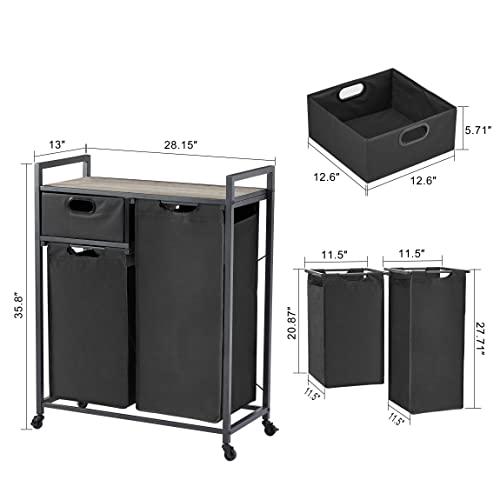Laundry Hamper Cart, Laundry Basket with Shelf Laundry Sorter 2 Section with Wheels Metal Frame Removable Bags and 1 Drawer, Organization Storage with Handles for Dirty Clothes Hampers(Grey)