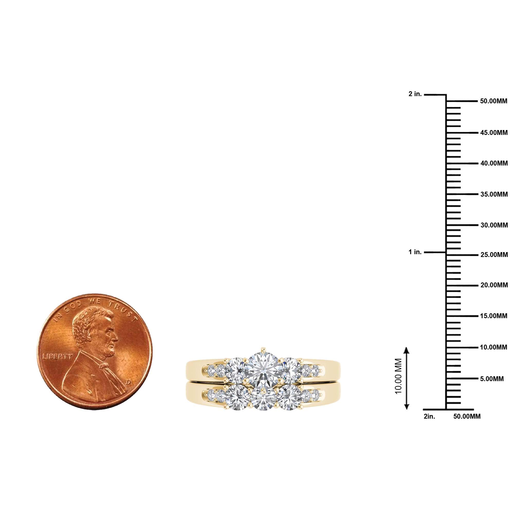 DZON IGI Certified 14k Yellow Gold 1 3/8 Carat TDW Diamond Three Stone Bridal Ring Set (I-J,I2)