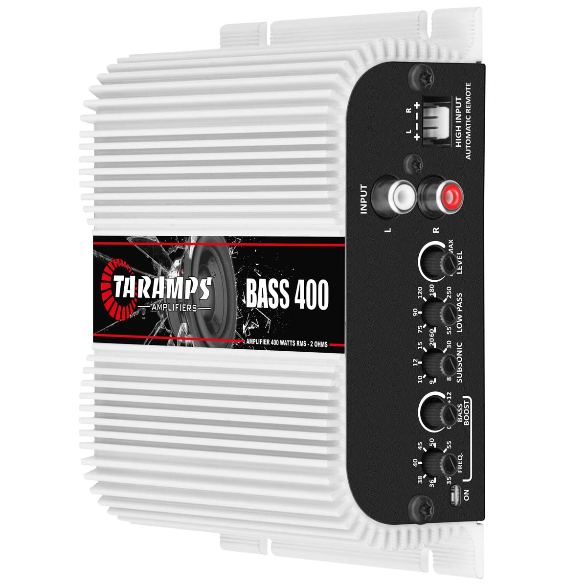 Taramps Bass 400 2 Ohms Monoblock Amplifier 400 Watts Rms 1 Channel 14.4VDC Out Power Full Range, Great for Sub/Bass - Rca/High Level Input, Car Audio