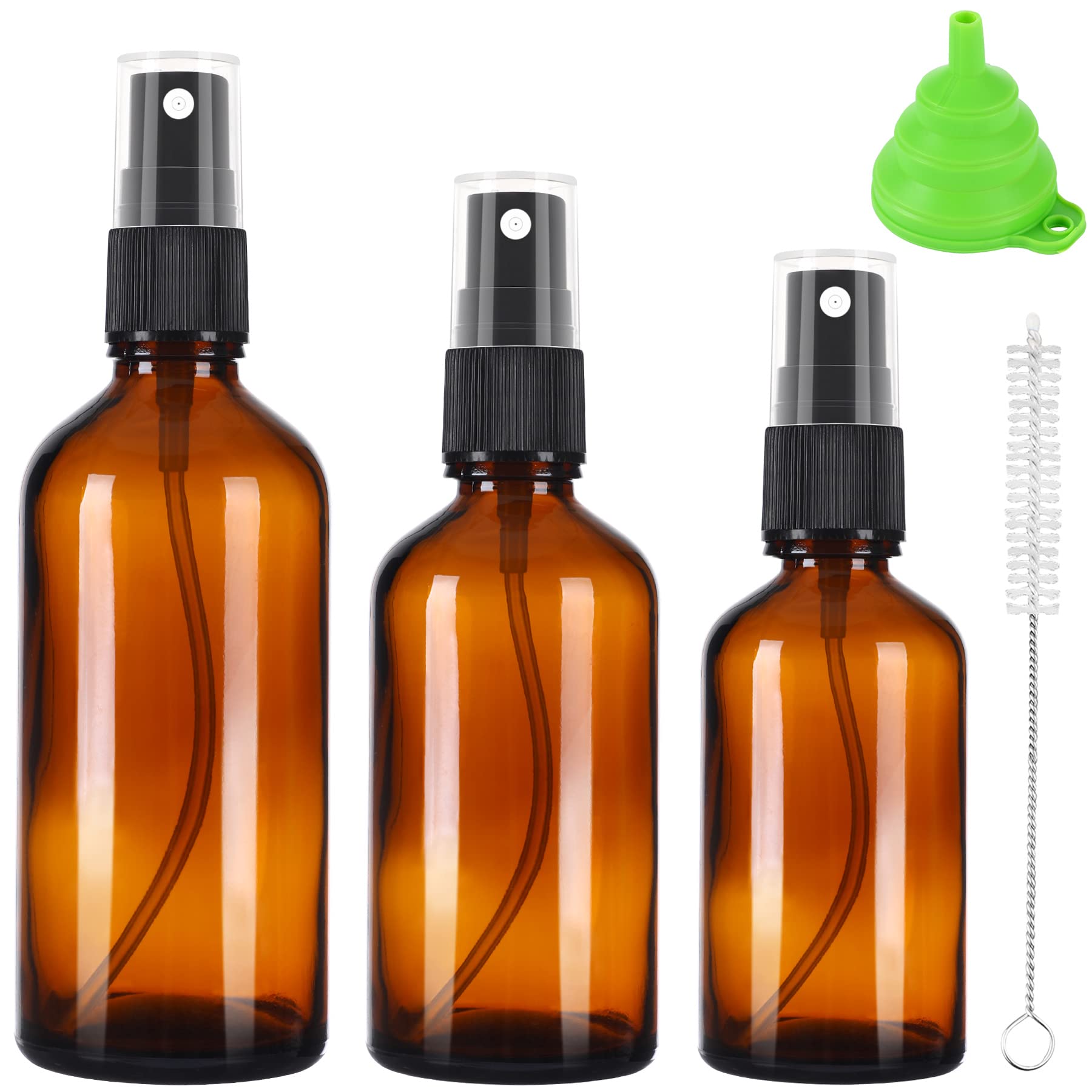 JULMELON Glass Spray Bottles 4 Oz for Esssential Oil,3 PCS Mini Travel Spray Bottle,Brown Glass Spray Bottle for Face,1Oz 2Oz 4Oz Refillable Sprayer Container with Funnel and Cleaning Brush