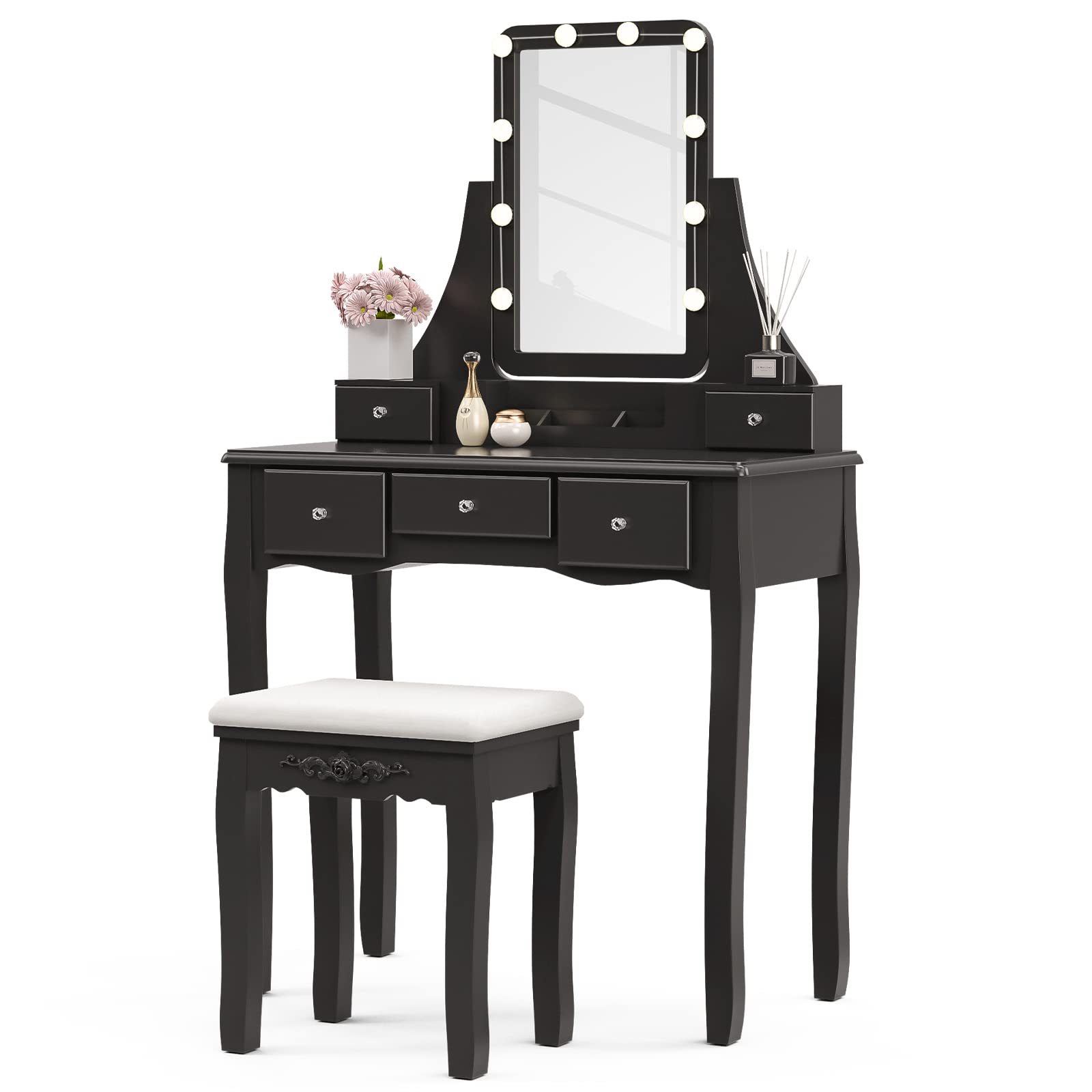 GinguoHome Dressing Table Vanity Set with Lighted Mirror, Makeup Vanity with Tri-Fold Mirror and 10 LED Dimmable Bulbs,Dressing Table with Cushioned Stool&4 Drawers, for Bedroom Vanity Desk Black