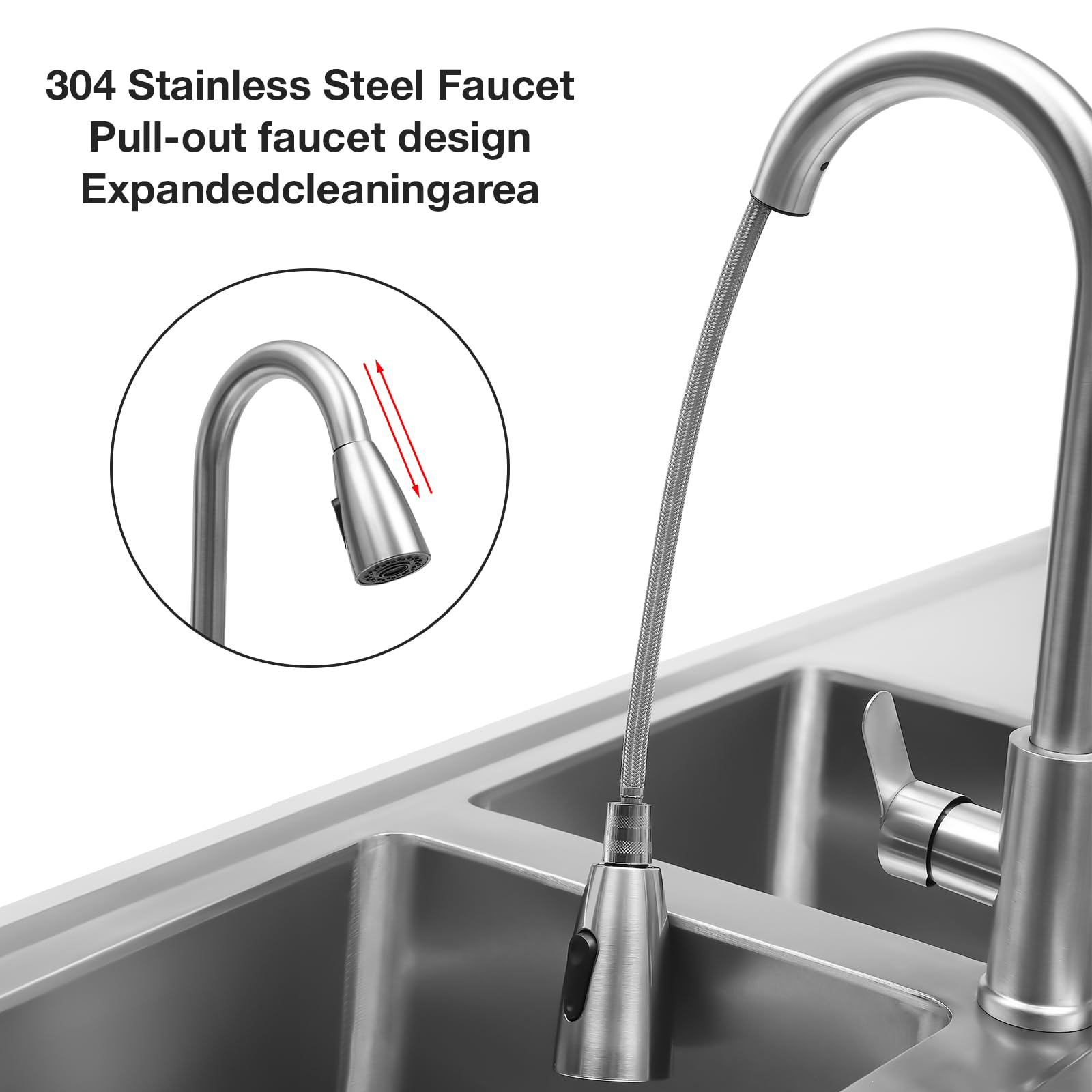 DuyviSteil Commercial Restaurant Sink Stainless Steel Utility Sink Free-standing Kitchen Sink, Freestanding Outdoor Sink with Pull-Out Faucet(Double Bowl)