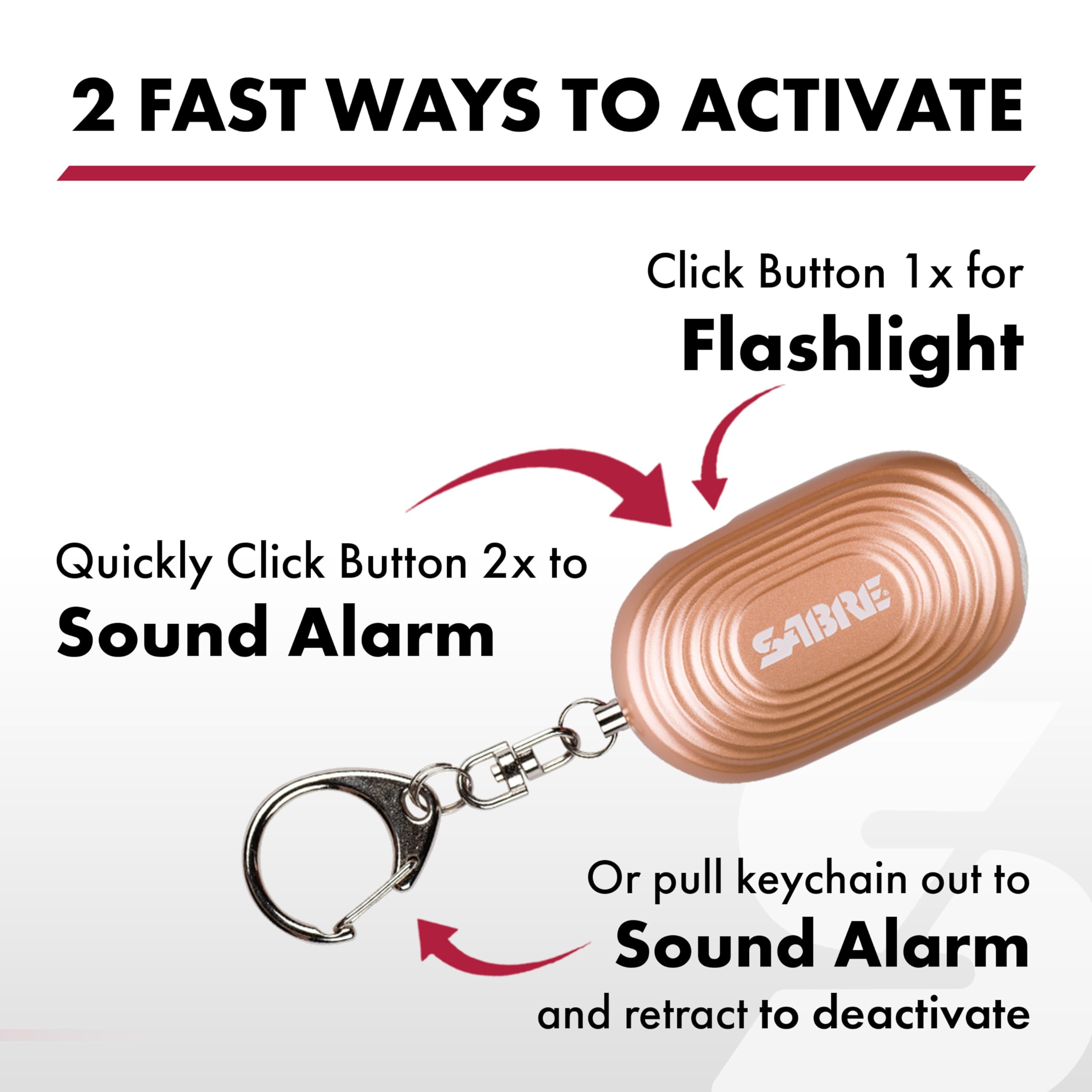 SABRE 2-in-1 Personal Alarm with LED Light, 130dB Personal Safety Siren, Snap Hook for Instant Access, 1,250 Foot (381 Meters) Range, Compact Design for Easy Attachment to Purse, Bag, or Keys