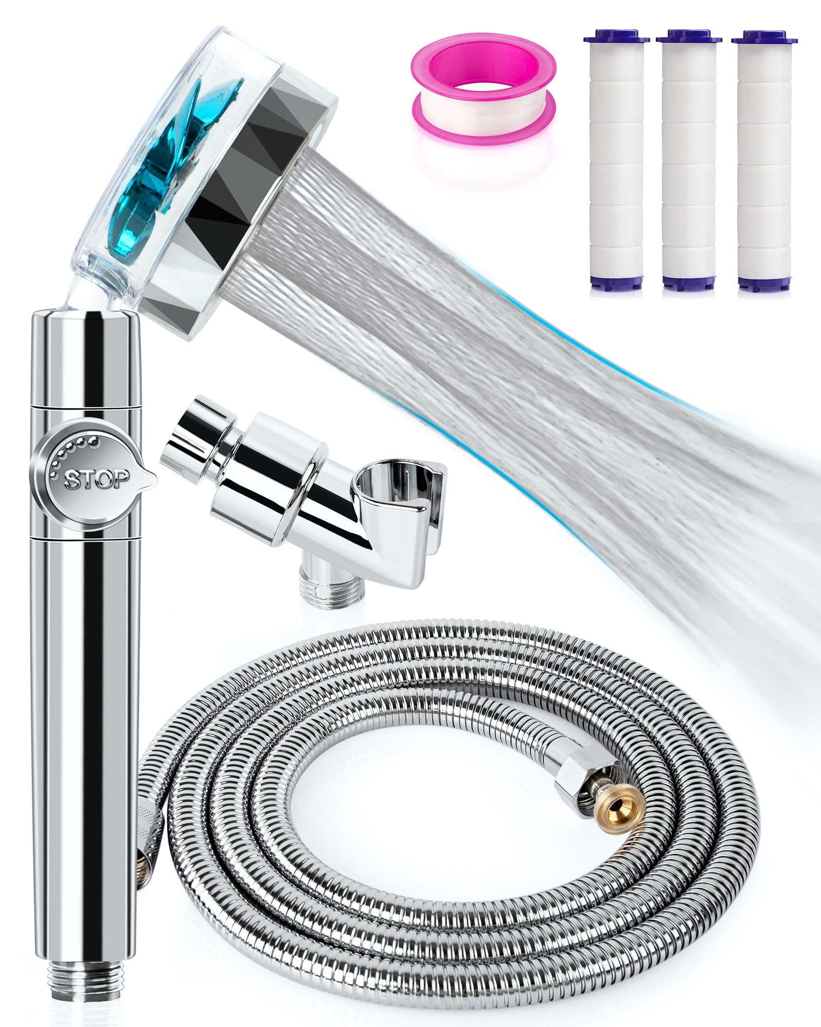 High pressure shower head kit with 3 filters, shower hose, Shower Head Holder