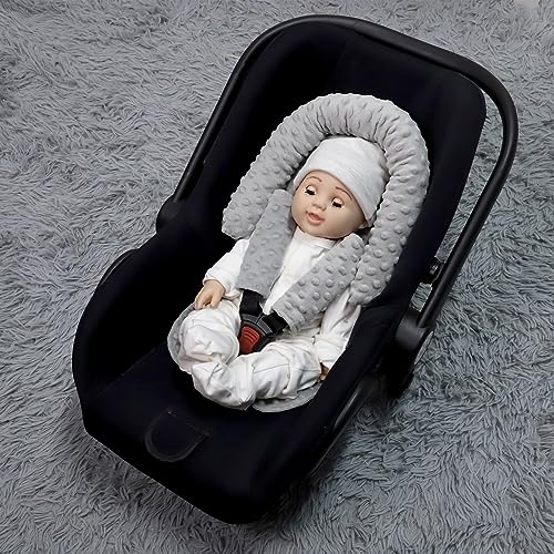 Jundetye Car Seat Head Support Infant, Baby Head Support with Strap Covers for Boys Girls, Infant Car Seat Insert, Soft Minky Carseat Headrest for Strollers, Grey