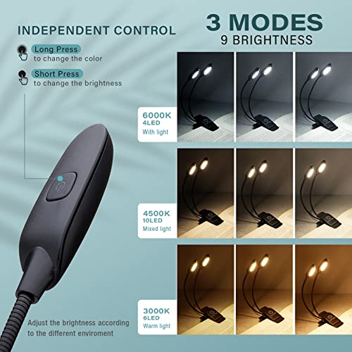 Dual Heads Rechargeable Book-Light for Reading at Night in Bed, Warm/White Reading Light with Clamp, 180° Adjustable Mini Clip on Light, Lightweight Eye Care Book Light Perfect for Readers & Kids