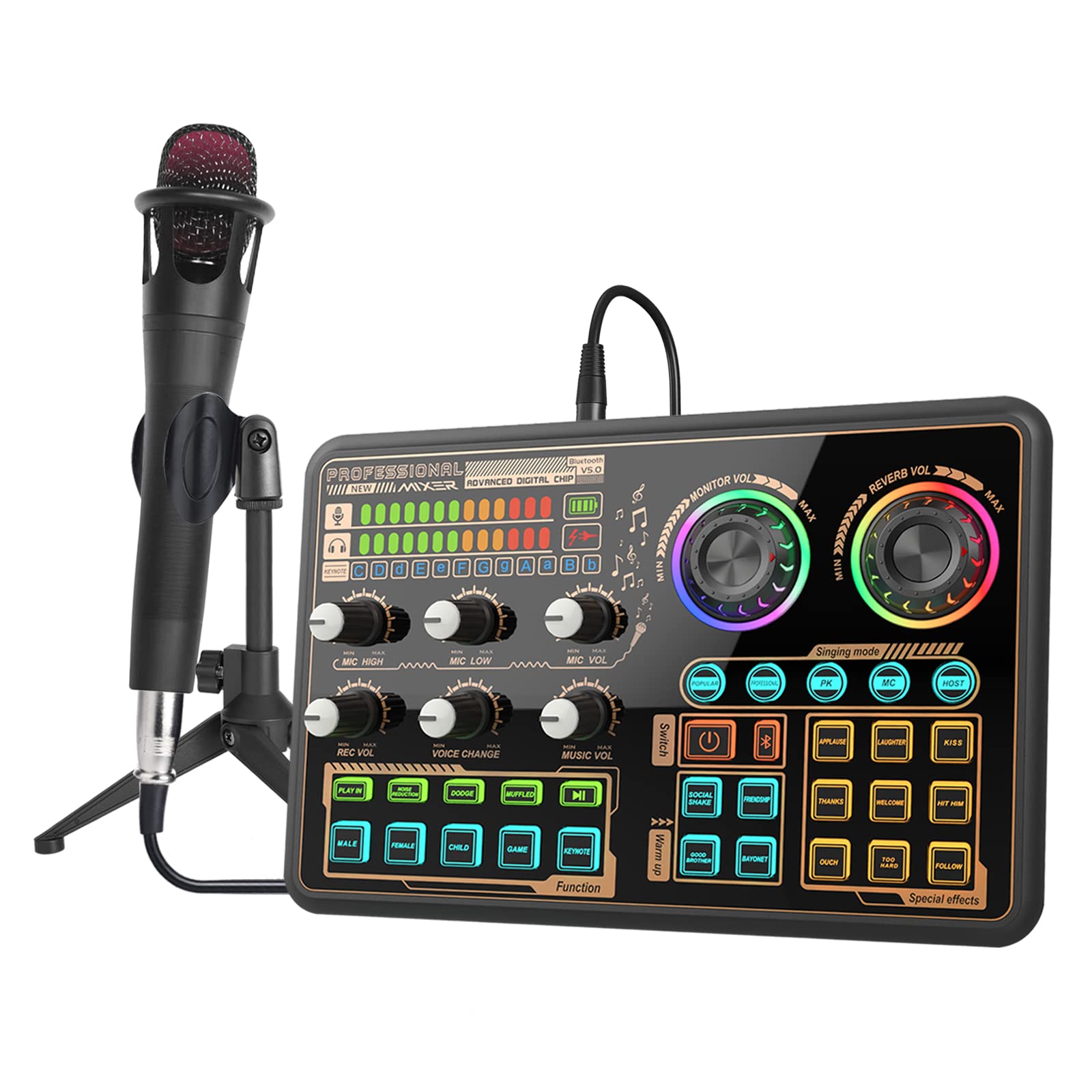 Hosabely Podcast Equipment Bundle, With Podcast Condenser Microphone and Stand, Voice Changer Sound Card with Multiple Sound Effects and LED Light,Sound Board for Streaming/Podcasting/Gaming/Recording